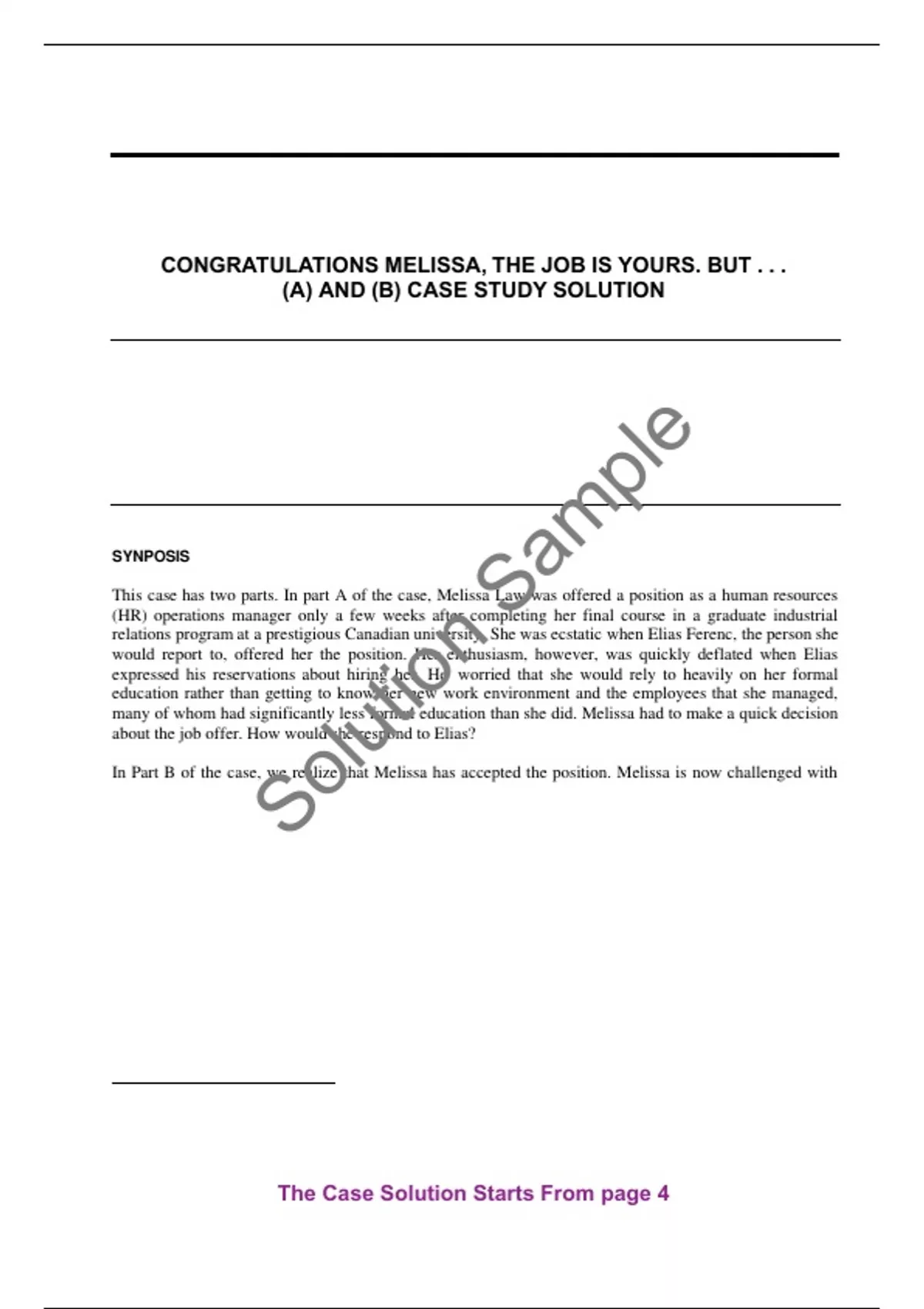Case Solution for Congratulations Melissa the Job Is Yours But (A ...
