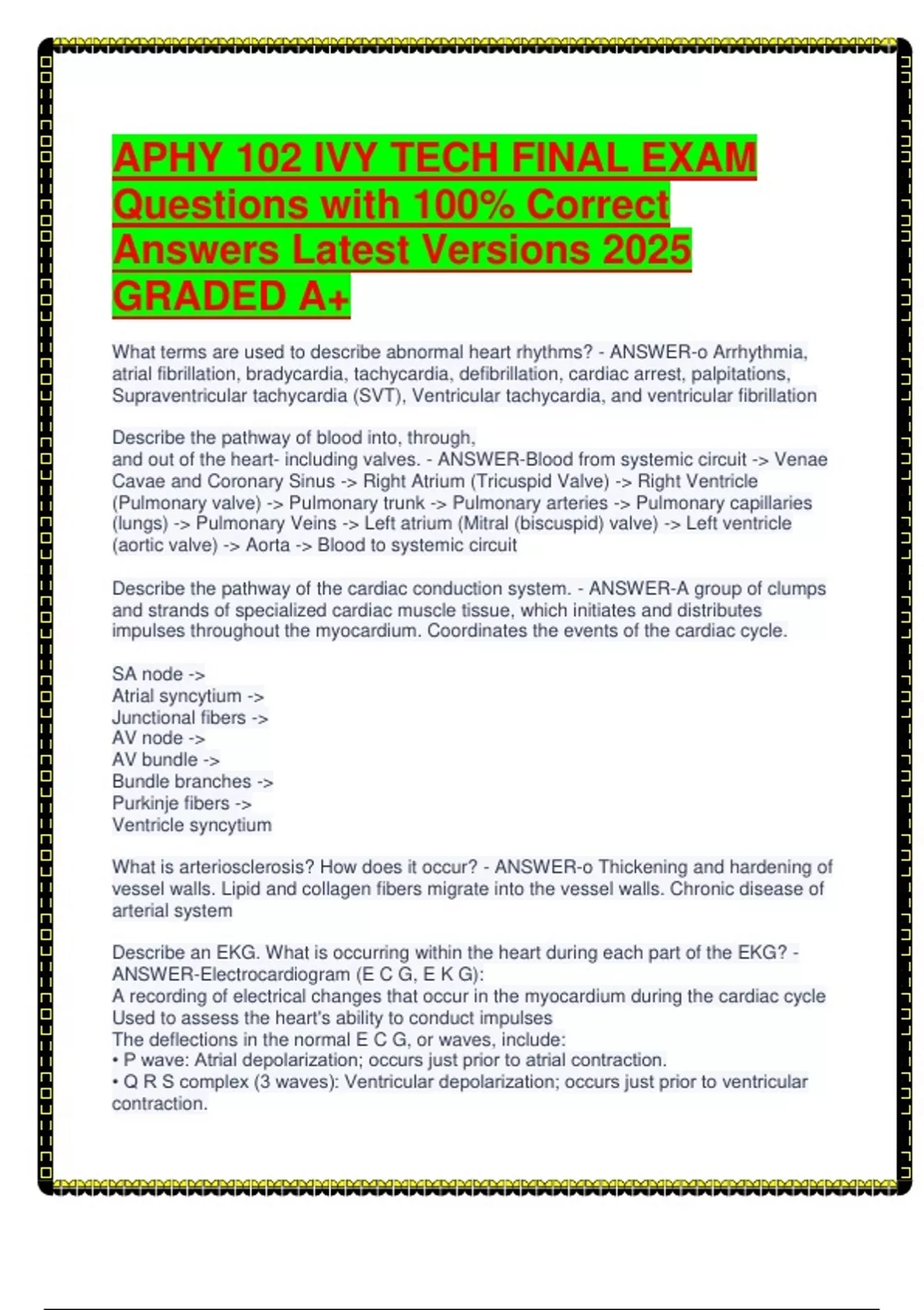 APHY 101 IVY TECH EXAM Questions with 100- Correct Answers Latest ...