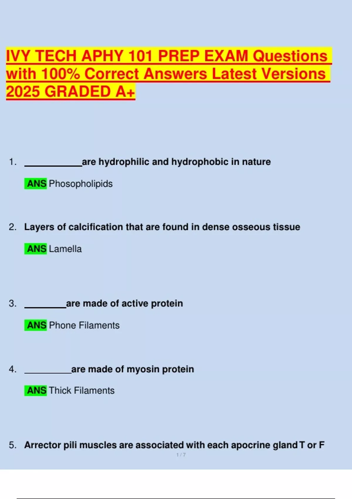 IVY TECH APHY 101 PREP EXAM Questions with 100- Correct Answers Latest ...