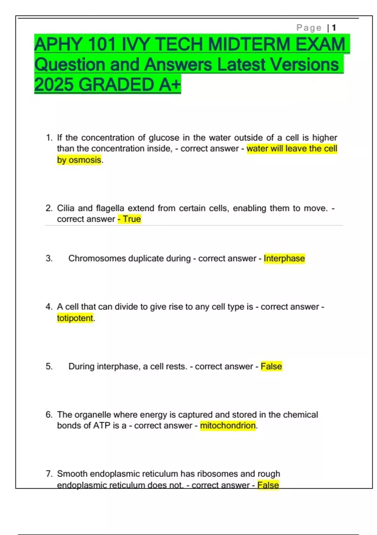 APHY 101 IVY TECH MIDTERM EXAM Question and Answers Latest Versions ...