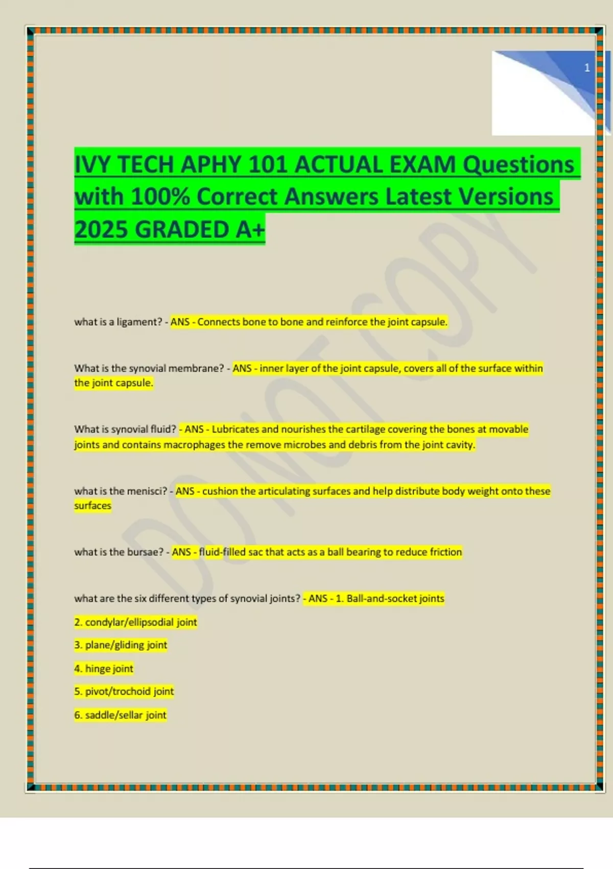 IVY TECH APHY 101 ACTUAL EXAM Questions with 100- Correct Answers ...