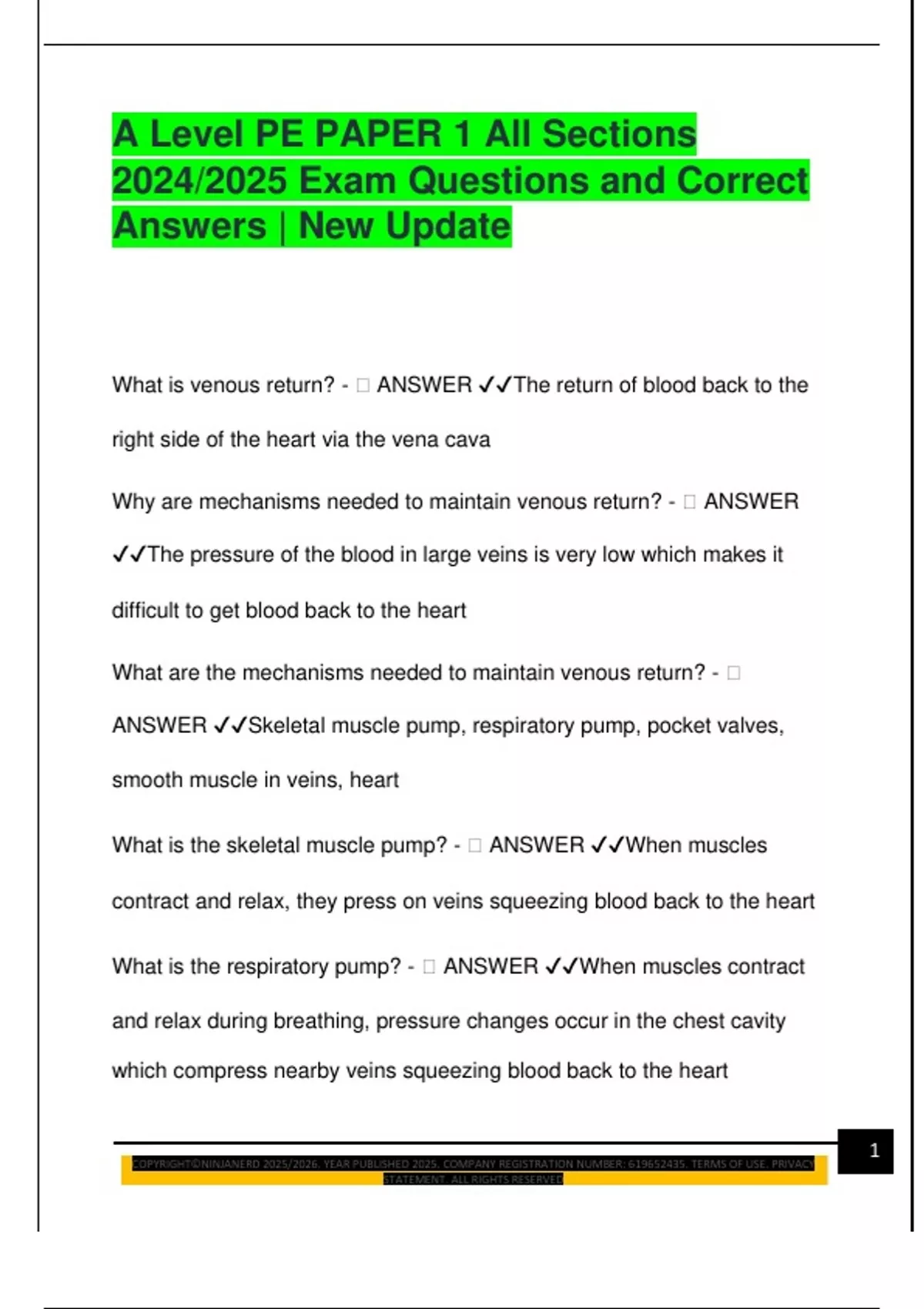 A Level PE PAPER 1 All Sections 2024/2025 Exam Questions and Correct Answers | New Update - A ...