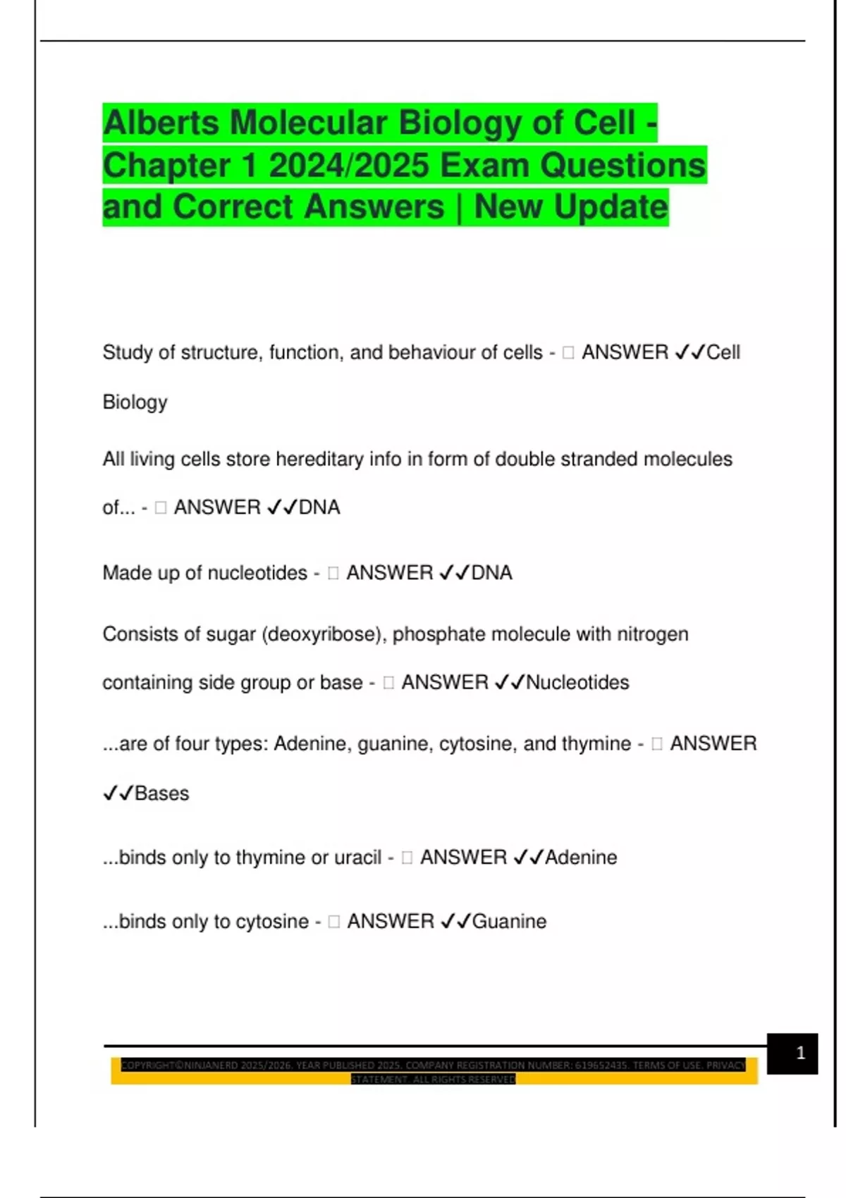 Alberts Molecular Biology of Cell - Chapter 1 2024/2025 Exam Questions and Correct Answers | New ...