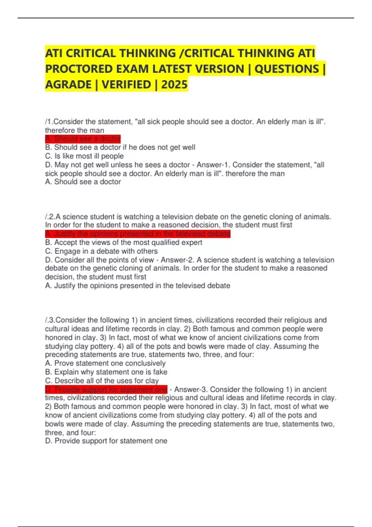 ATI CRITICAL THINKING /CRITICAL THINKING ATI PROCTORED EXAM LATEST ...