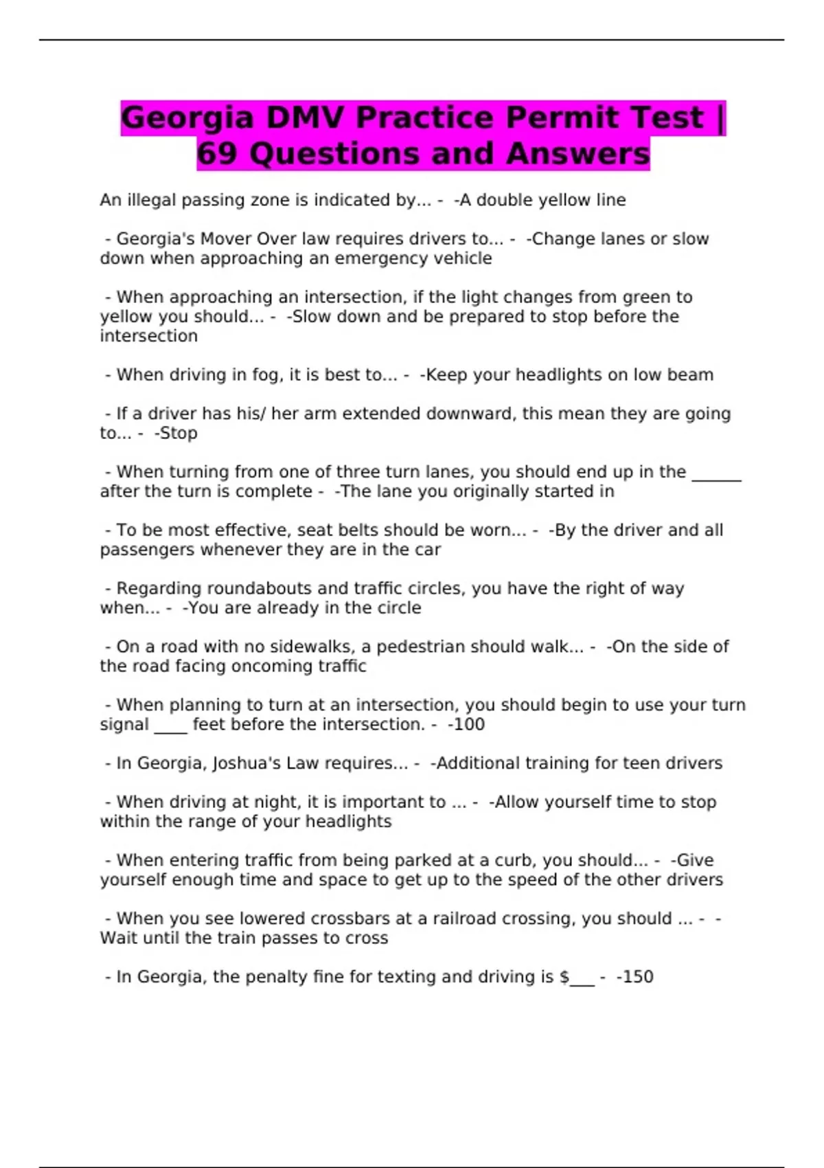 Georgia DMV Practice Permit Test |69 Questions and Answers - Georgia ...