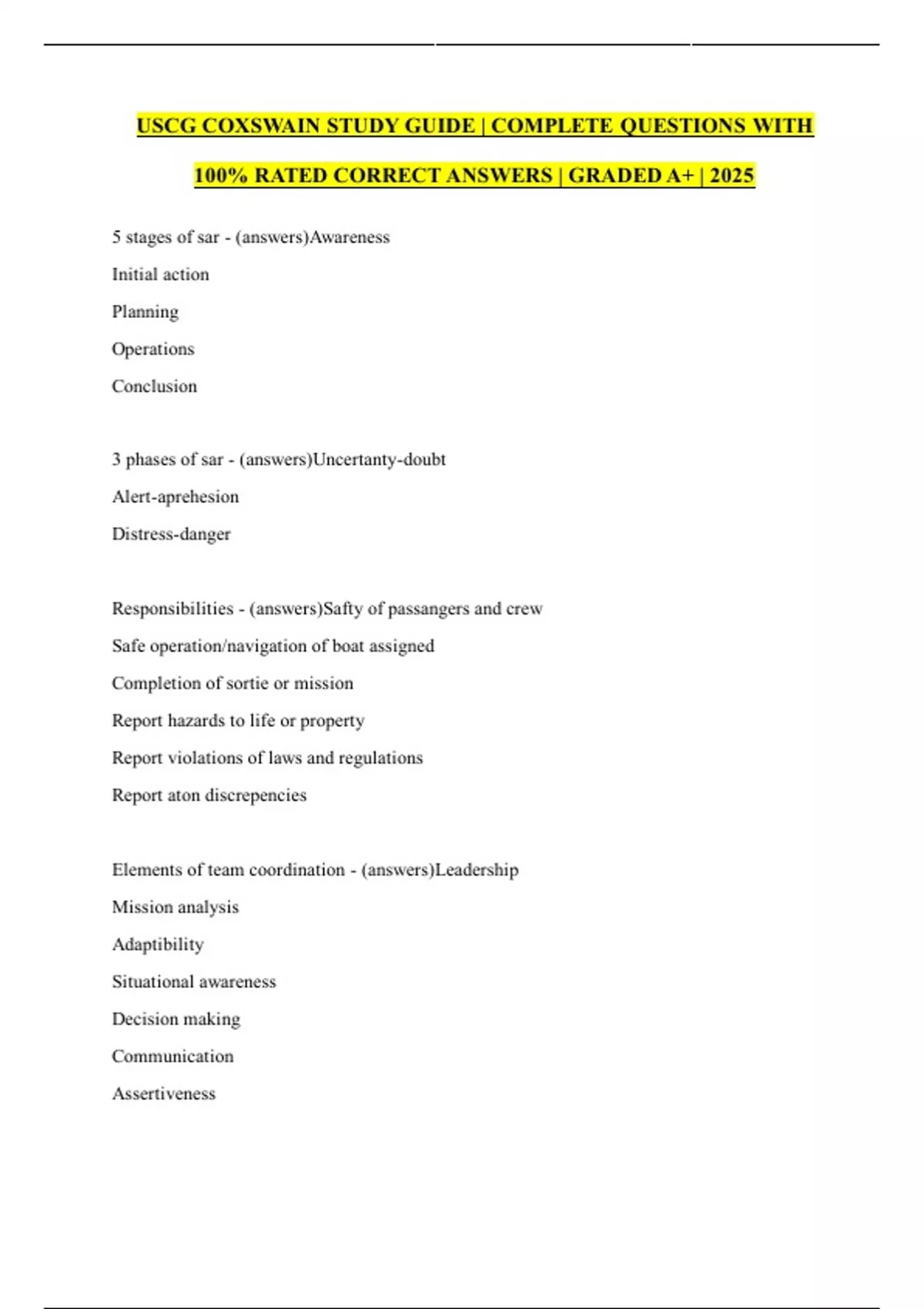 USCG COXSWAIN STUDY GUIDE | COMPLETE QUESTIONS WITH 100% RATED CORRECT ...