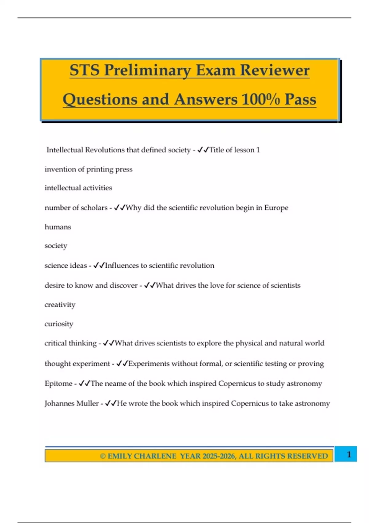 STS Preliminary Exam Reviewer Questions and Answers 100% Pass - STS - Stuvia US