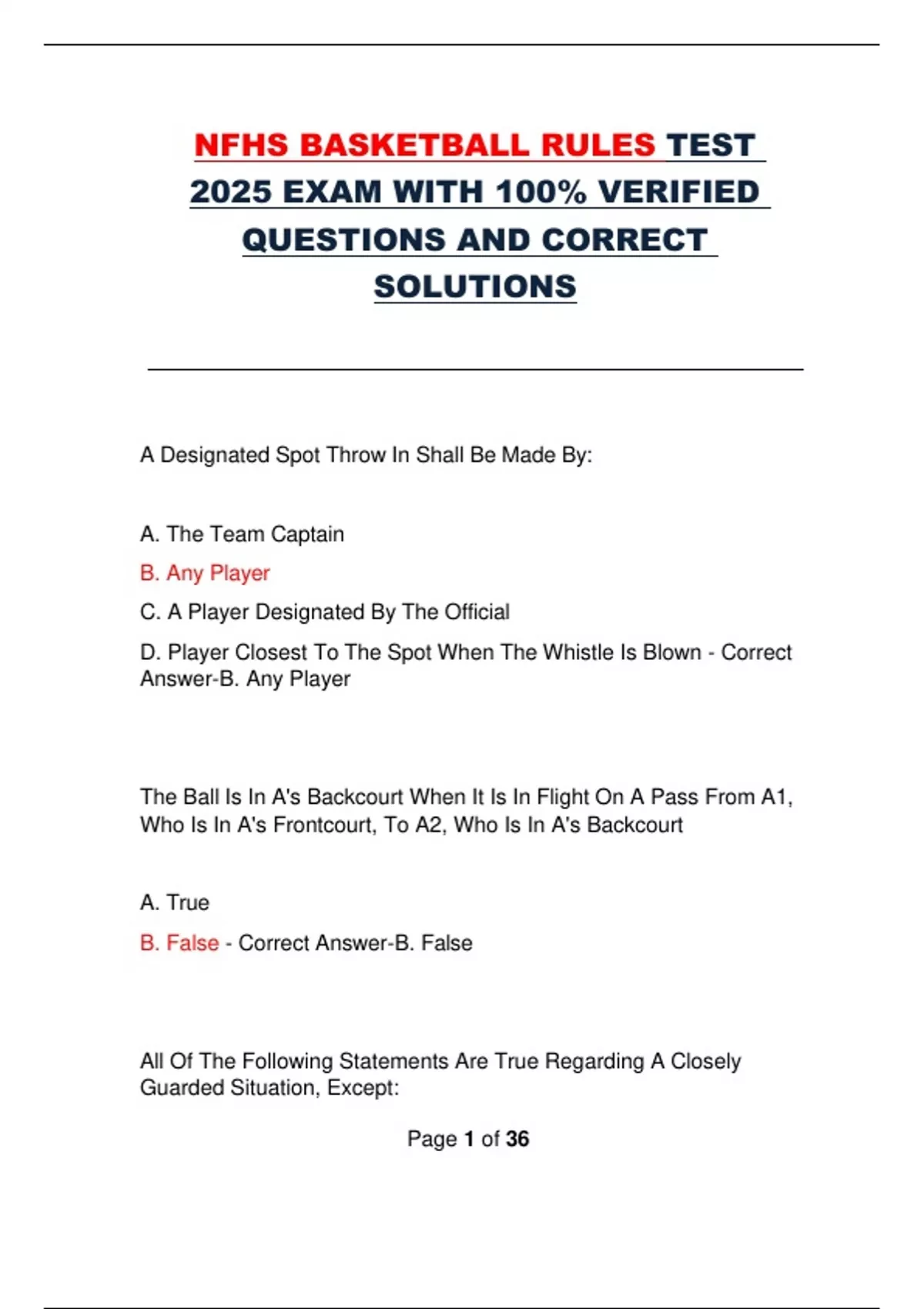 NFHS BASKETBALL RULES TEST 2025 EXAM WITH 100% VERIFIED QUESTIONS AND ...