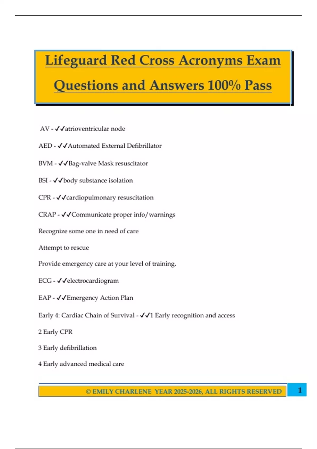 Lifeguard Red Cross Acronyms Exam Questions and Answers 100% Pass ...