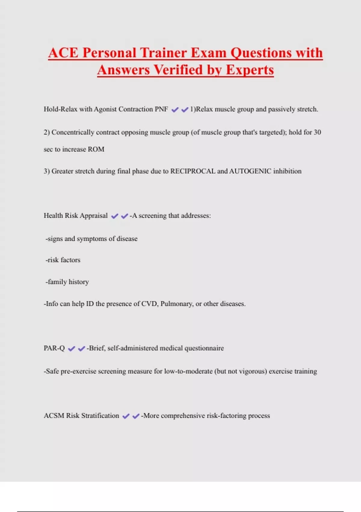 ACE Personal Trainer Exam Questions with Answers Verified by Experts ...