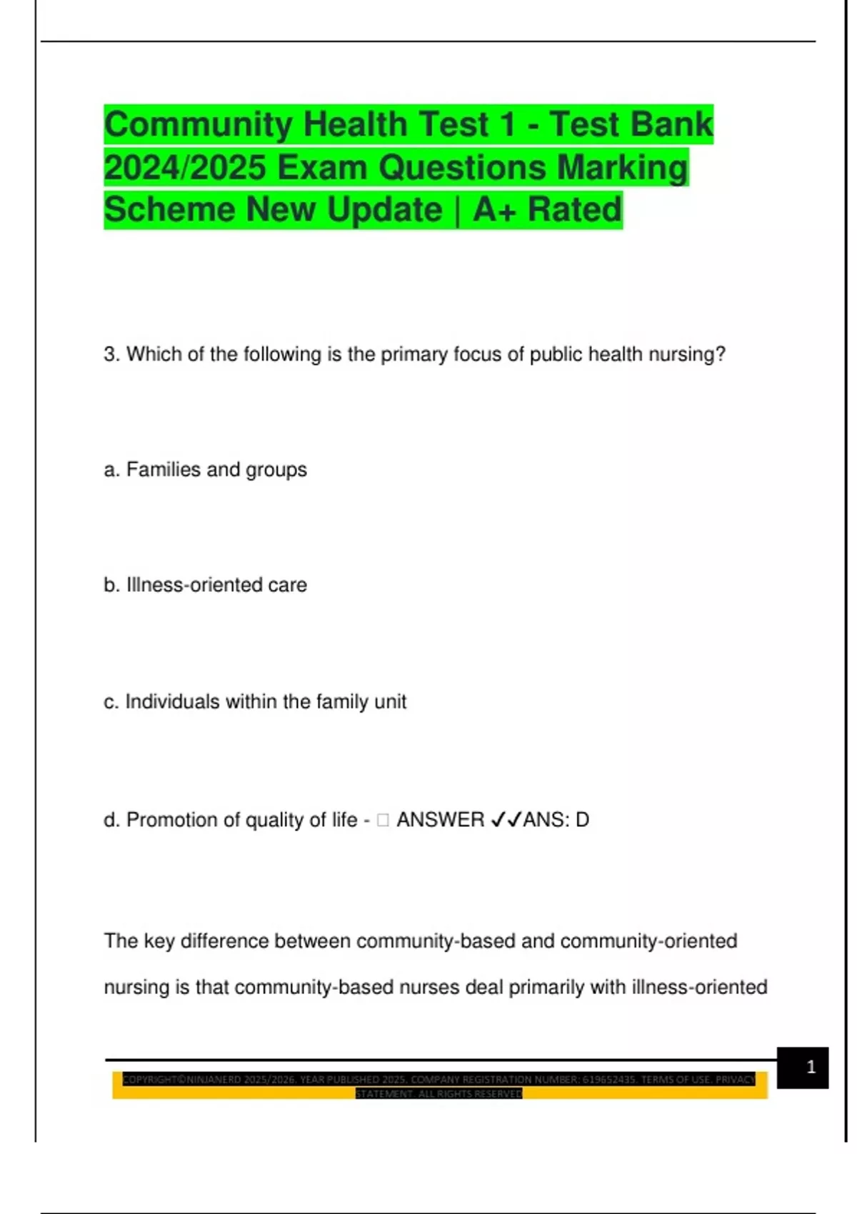 Community Health Test 1 - Test Bank 2024/2025 Exam Questions Marking ...