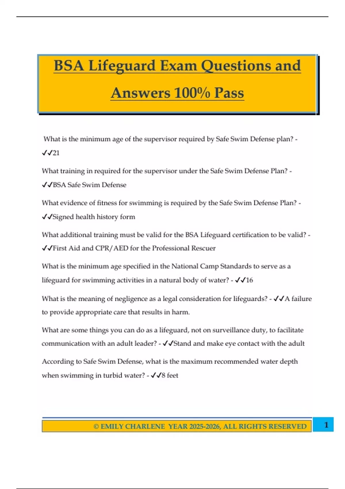 BSA Lifeguard Exam Questions and Answers 100% Pass - American Red Cross ...