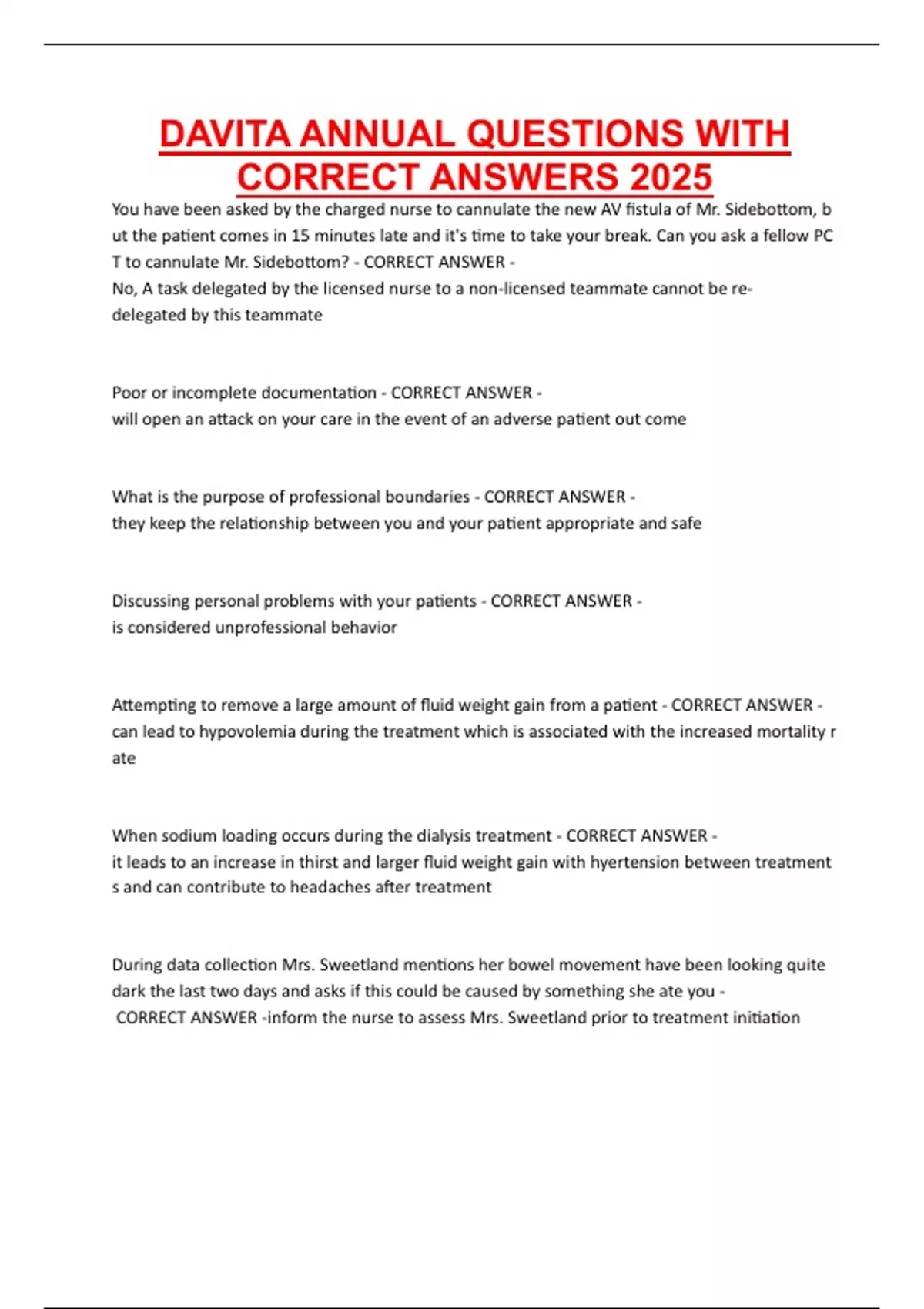 DAVITA ANNUAL QUESTIONS WITH CORRECT ANSWERS 2025 - Davita - Stuvia US