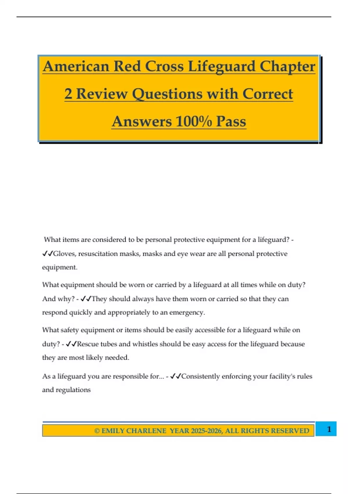 American Red Cross Lifeguard Chapter 2 Review Questions with Correct ...