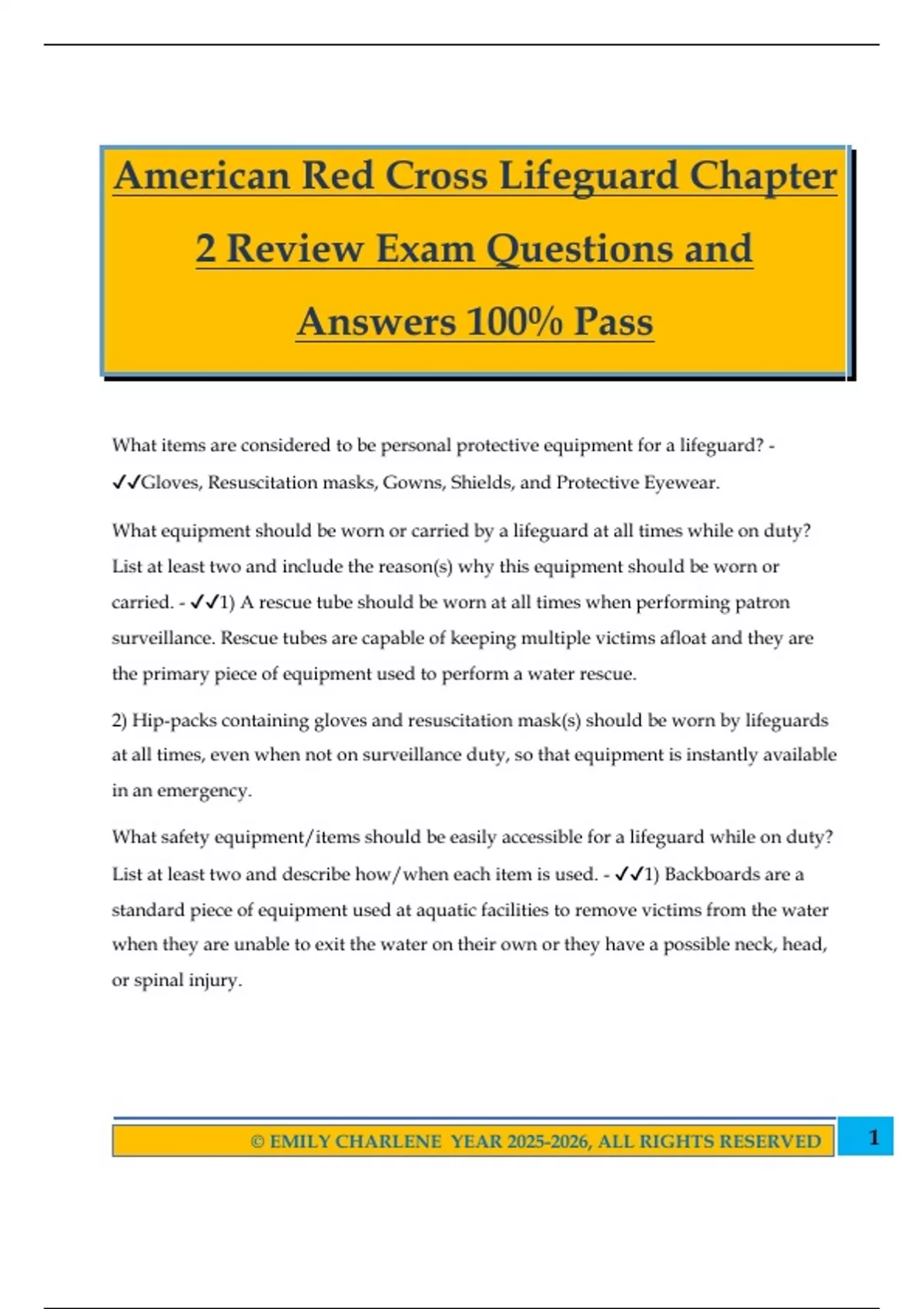 American Red Cross Lifeguard Chapter 2 Review Exam Questions and ...