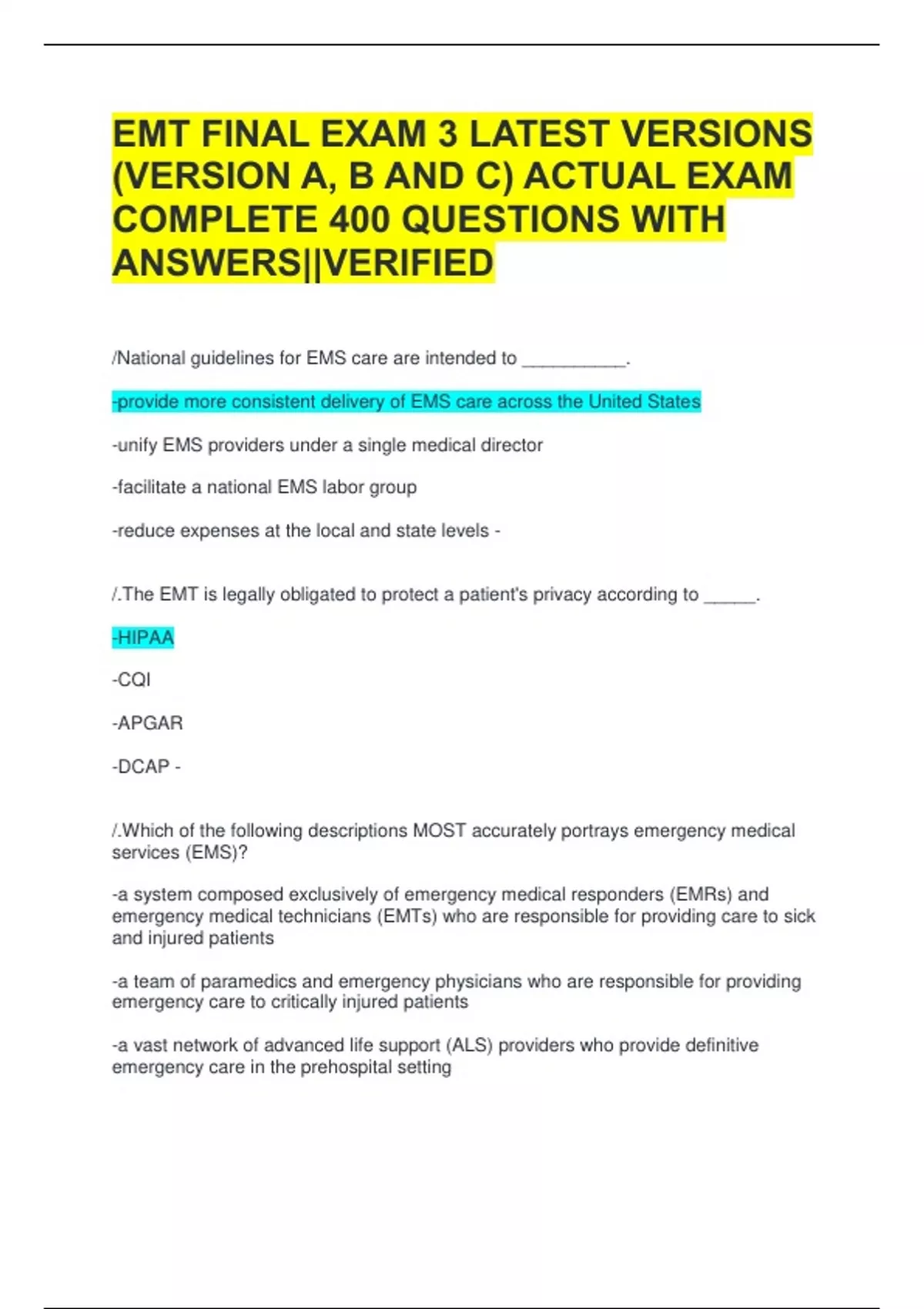 EMT FINAL EXAM 3 LATEST VERSIONS (VERSION A, B AND C) ACTUAL EXAM ...