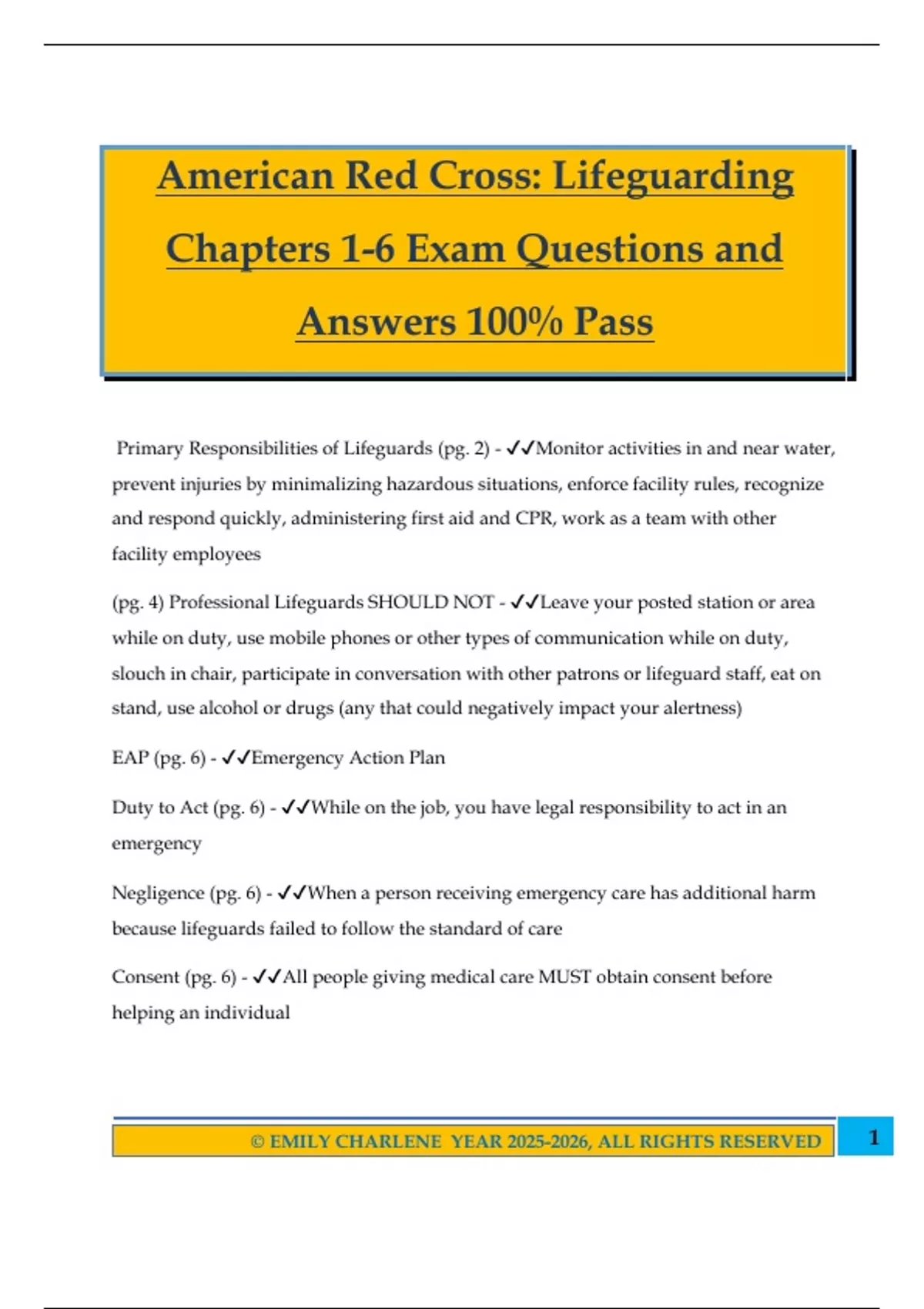 American Red Cross: Lifeguarding Chapters 1-6 Exam Questions and ...
