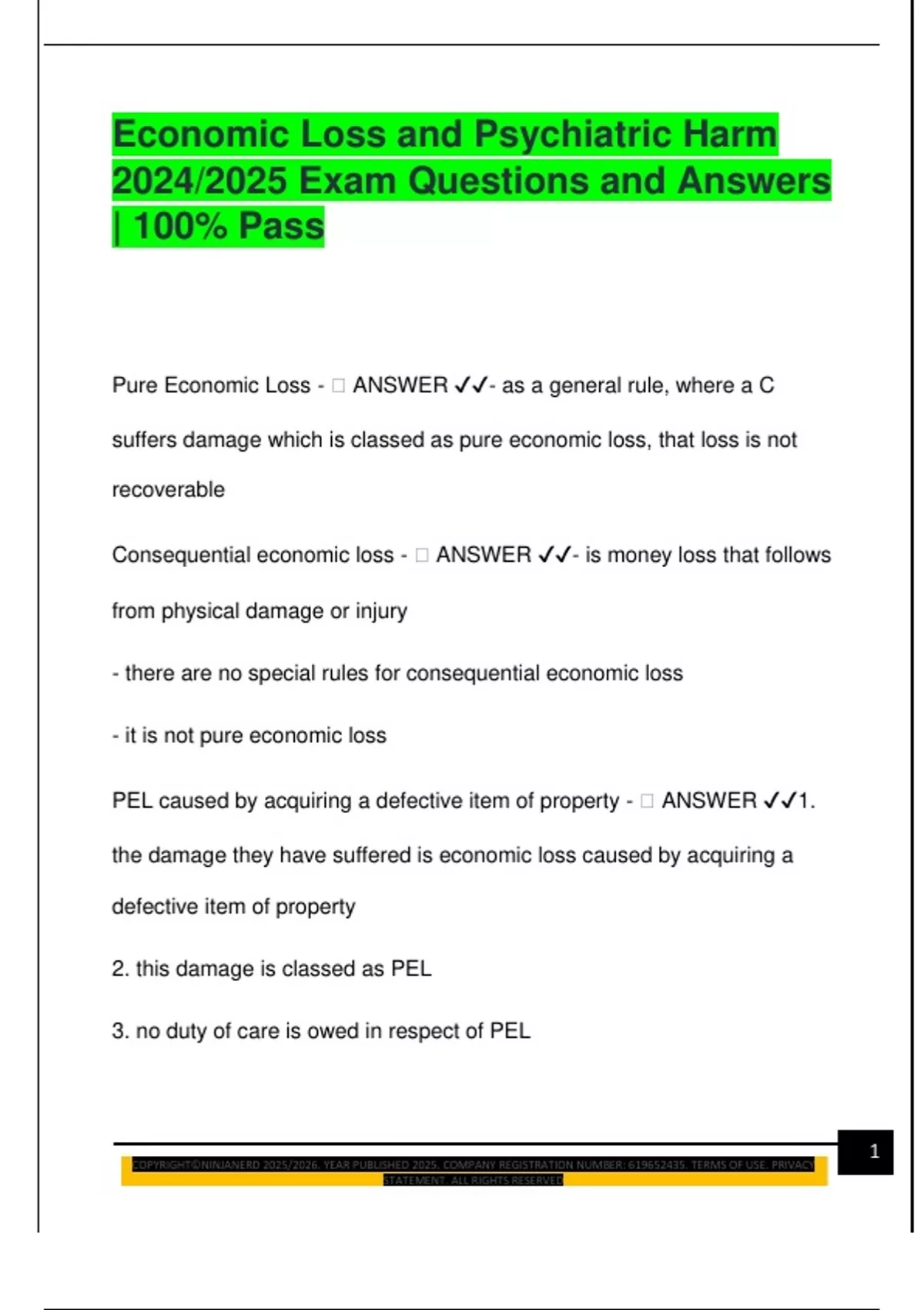 Economic Loss and Psychiatric Harm 2024/2025 Exam Questions and Answers ...