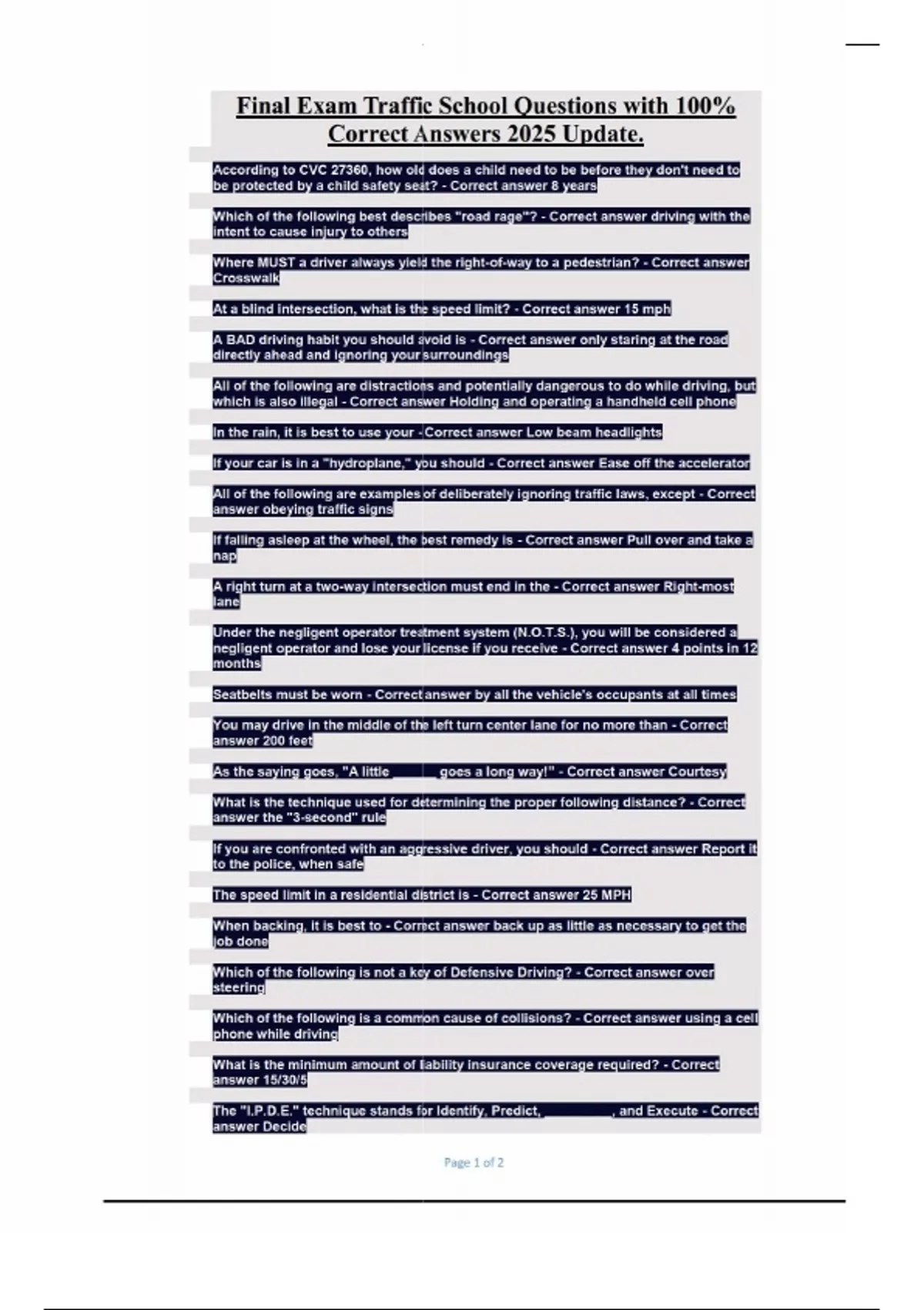 Final Exam Traffic School Questions with 100% Correct Answers 2025 ...