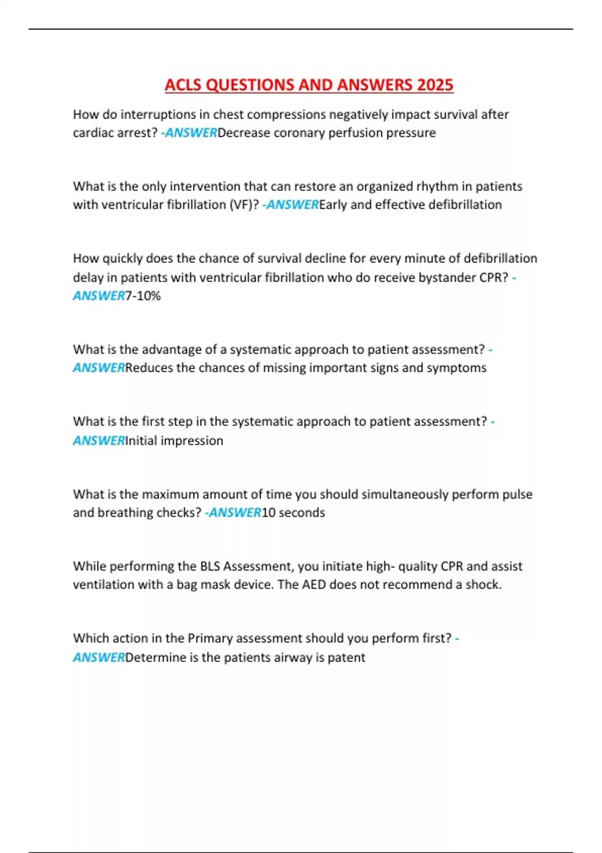 ACLS QUESTIONS AND ANSWERS 2025 - ACLS 2025 - Stuvia US