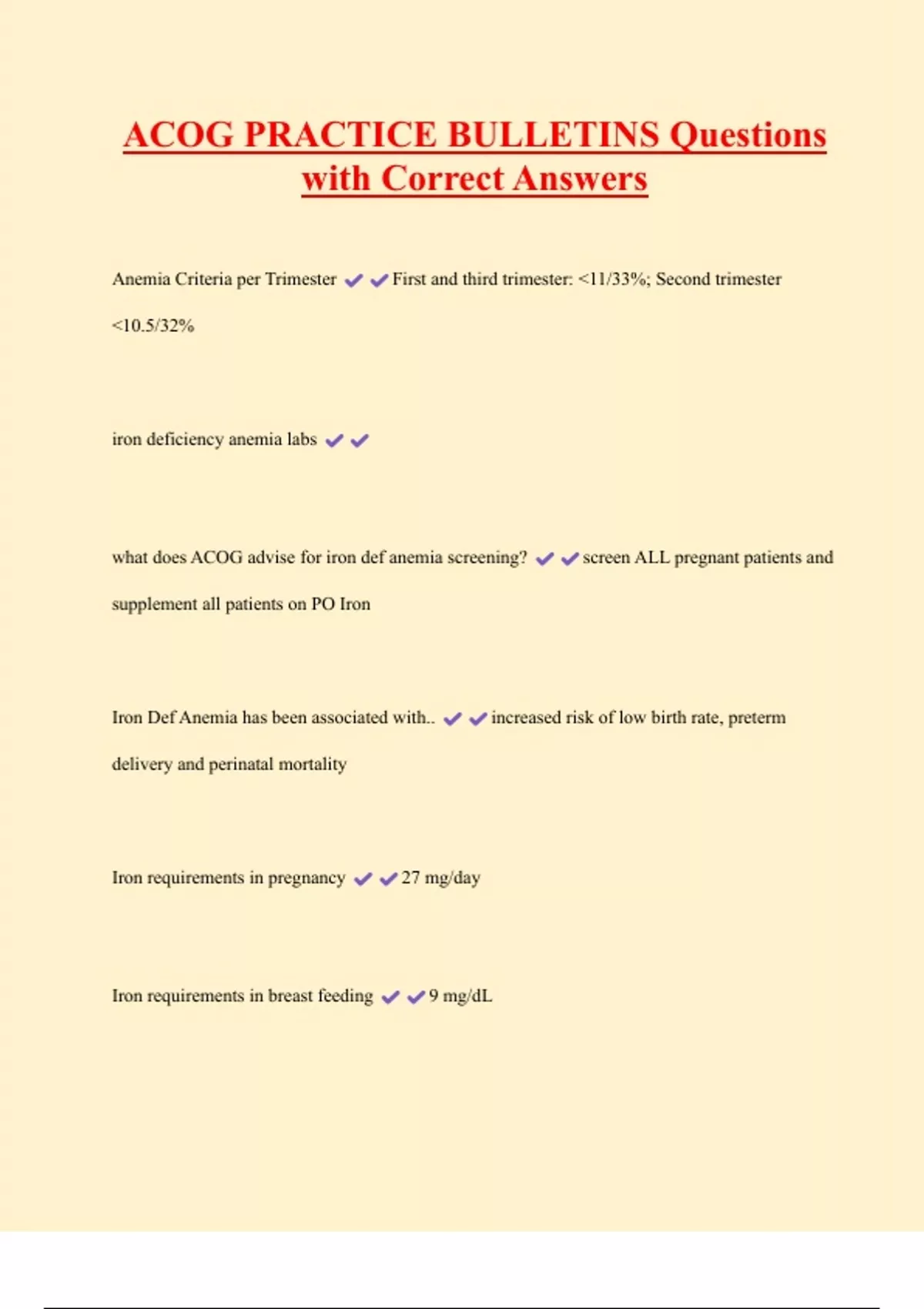 ACOG PRACTICE BULLETINS Questions with Correct Answers - ACOG ...