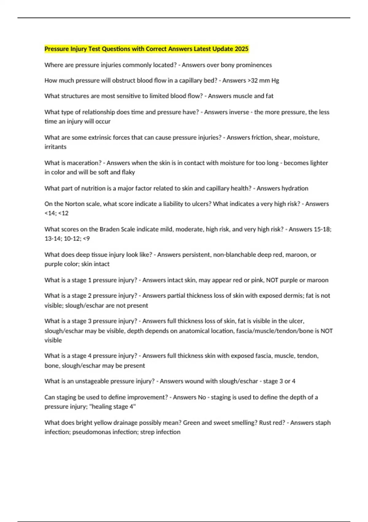Pressure Injury Test Questions with Correct Answers Latest Update 2025 ...