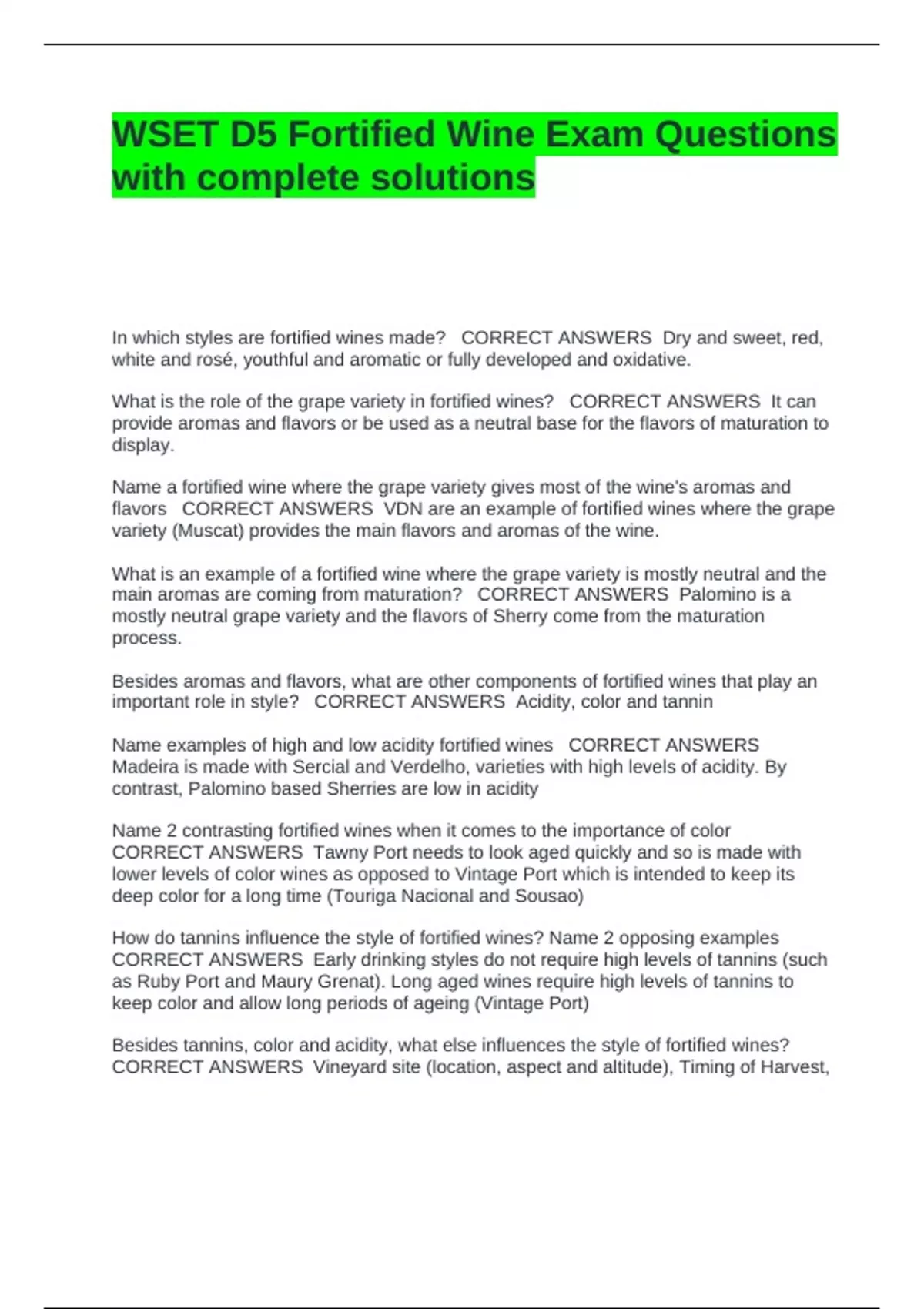 WSET D5 Fortified Wine Exam Questions with complete solutions | Updated ...