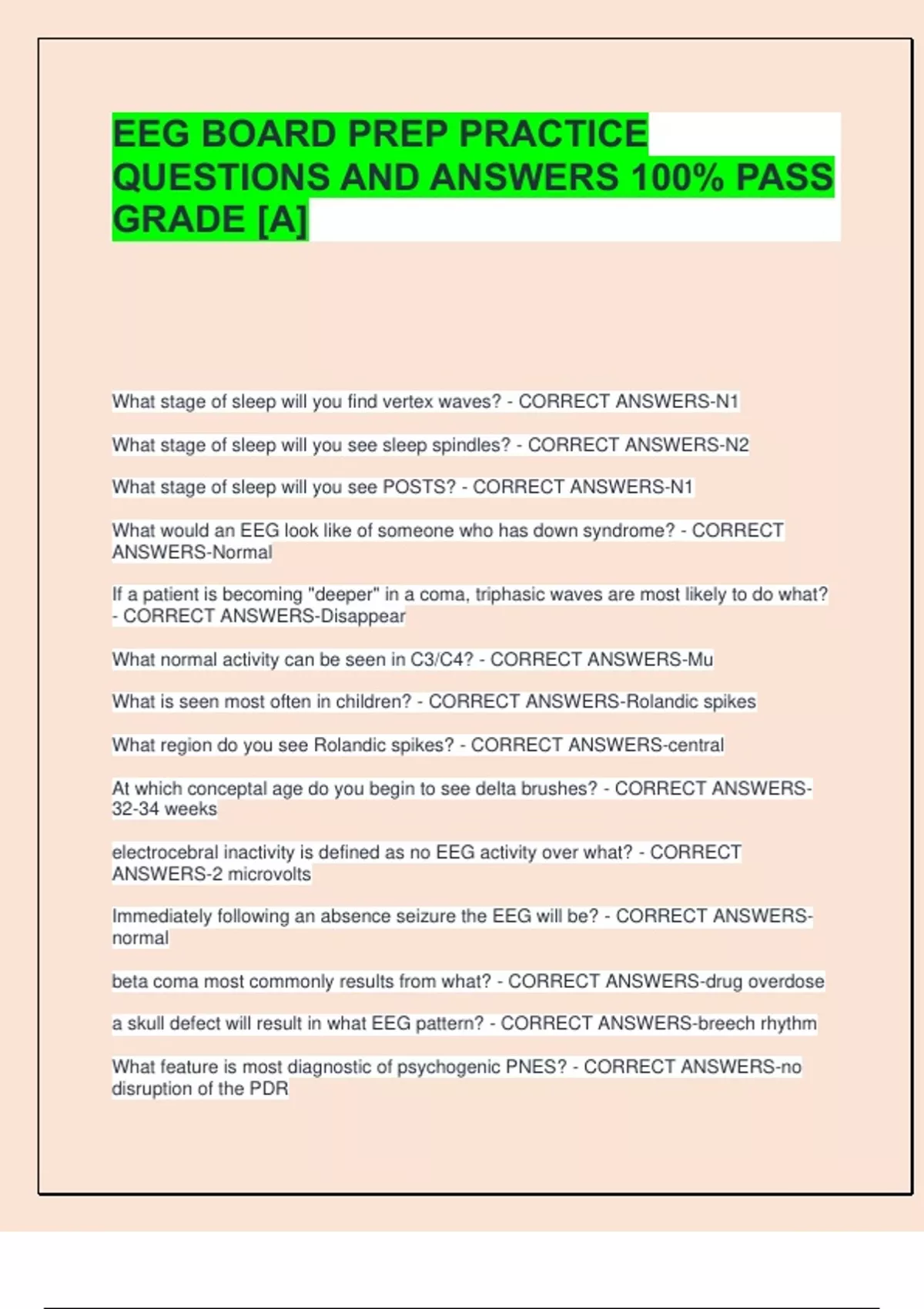 EEG BOARD PREP PRACTICE QUESTIONS AND ANSWERS 100% PASS GRADE [A ...