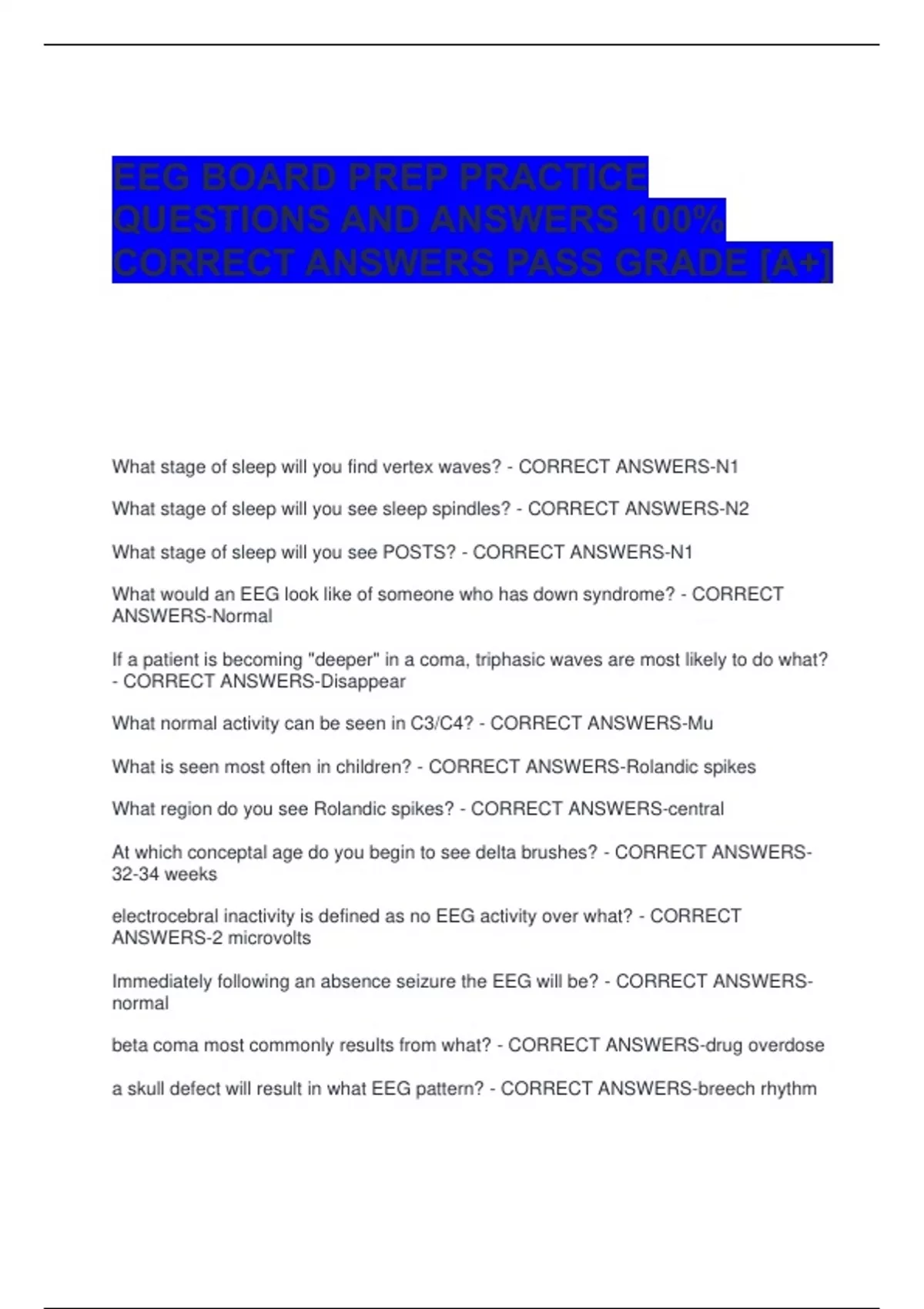 EEG BOARD PREP PRACTICE QUESTIONS AND ANSWERS 100% CORRECT ANSWERS PASS ...