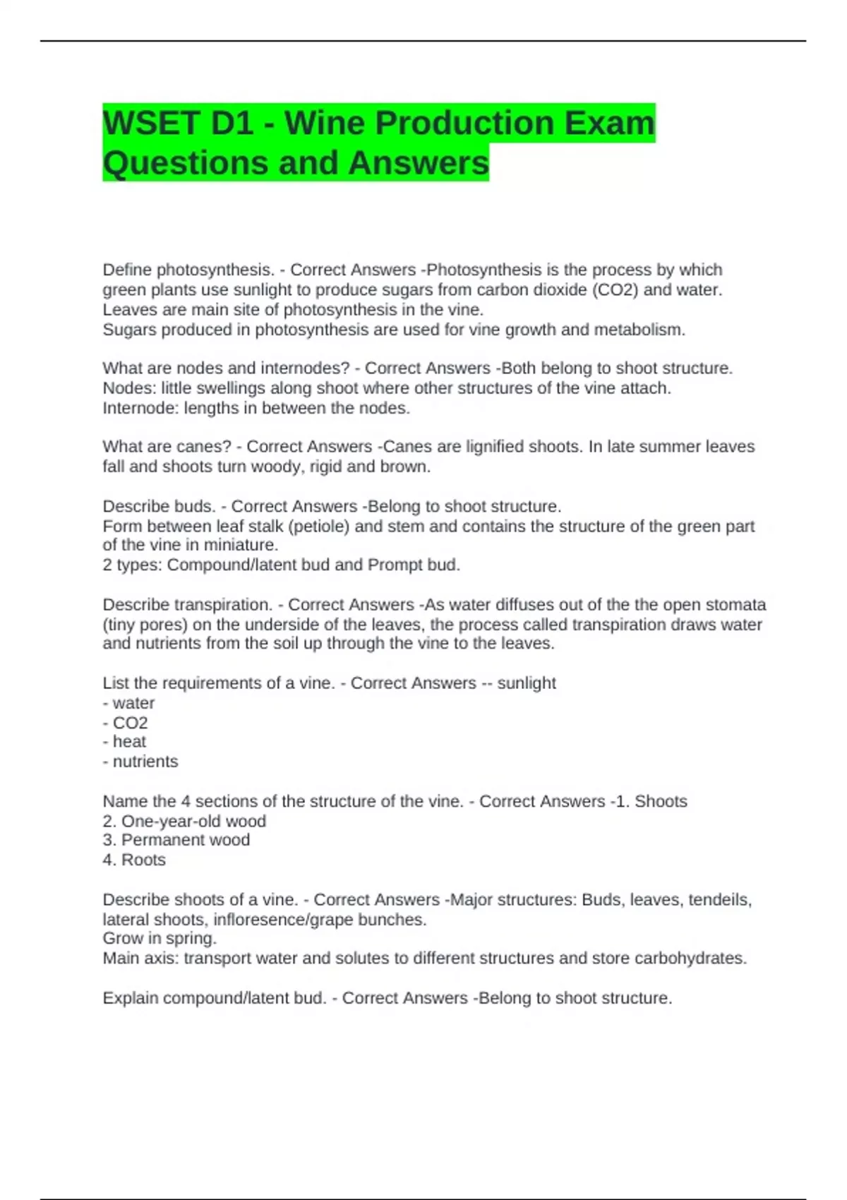 WSET D1 - Wine Production Exam Questions and Answers - WSET D1 - Wine Production - Stuvia US