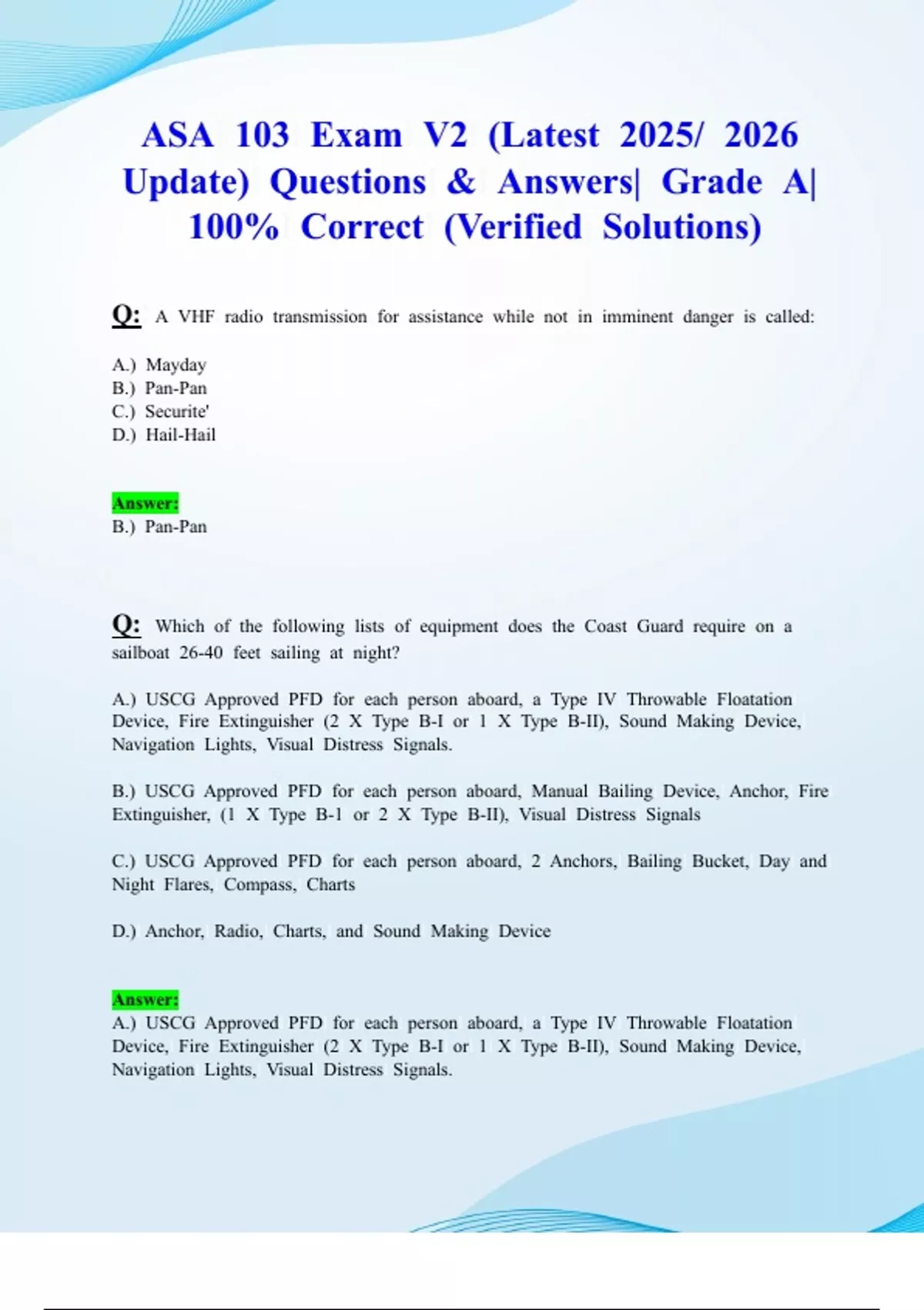 ASA 103 Exam V2 (Latest 2025/ 2026 Update) Questions & Answers| Grade A ...