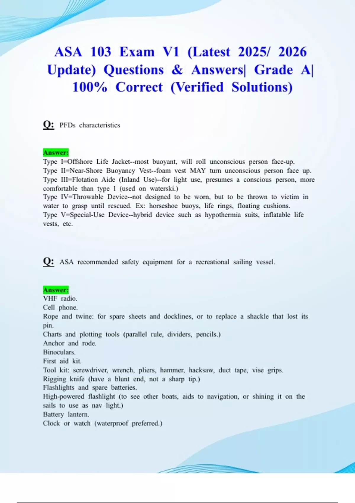 ASA 103 Exam V1 (Latest 2025/ 2026 Update) Questions & Answers| Grade A ...