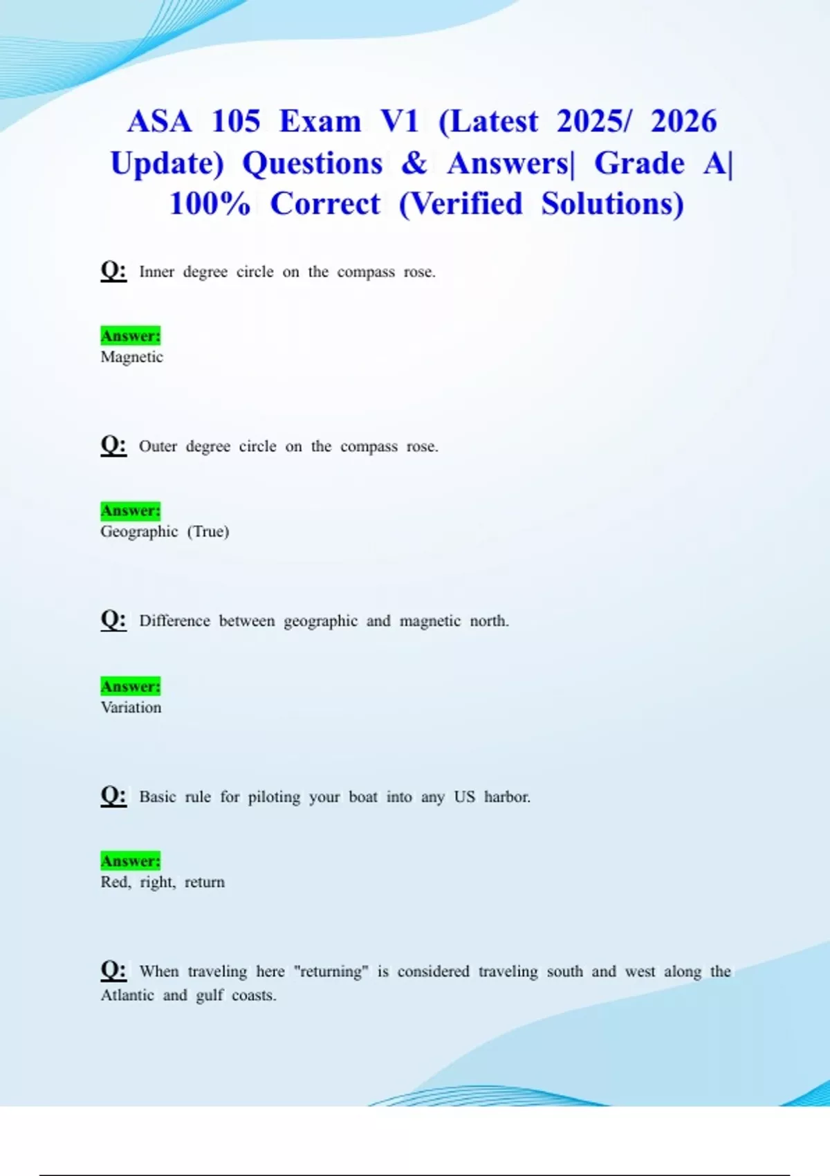 ASA 105 Exam V1 (Latest 2025/ 2026 Update) Questions & Answers| Grade A ...