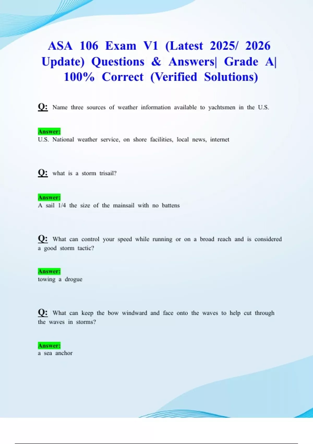 ASA 106 Exam V1 (Latest 2025/ 2026 Update) Questions & Answers| Grade A ...