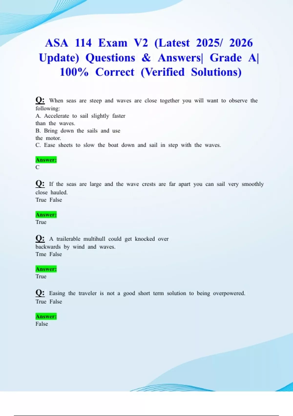 ASA 114 Exam V2 (Latest 2025/ 2026 Update) Questions & Answers| Grade A ...