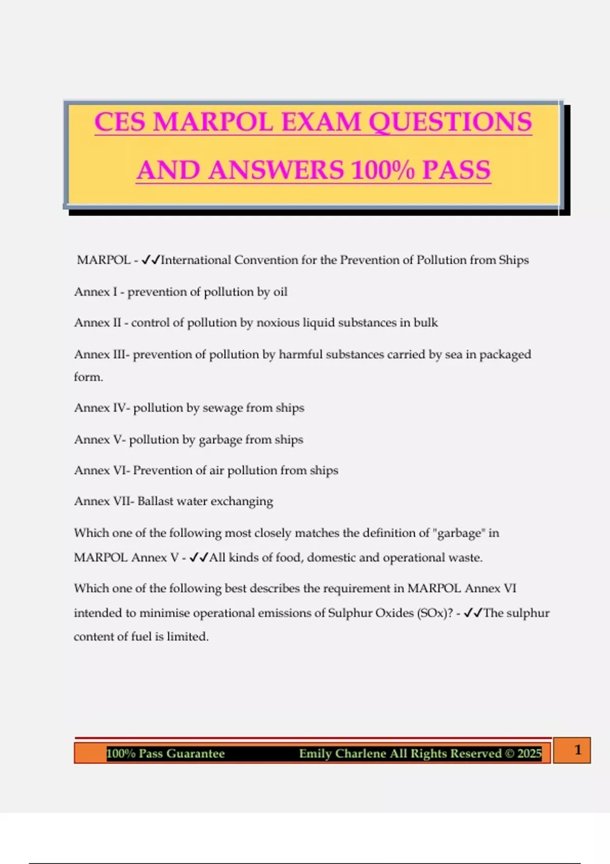 CES MARPOL EXAM QUESTIONS AND ANSWERS 100% PASS - Marpol - Stuvia US