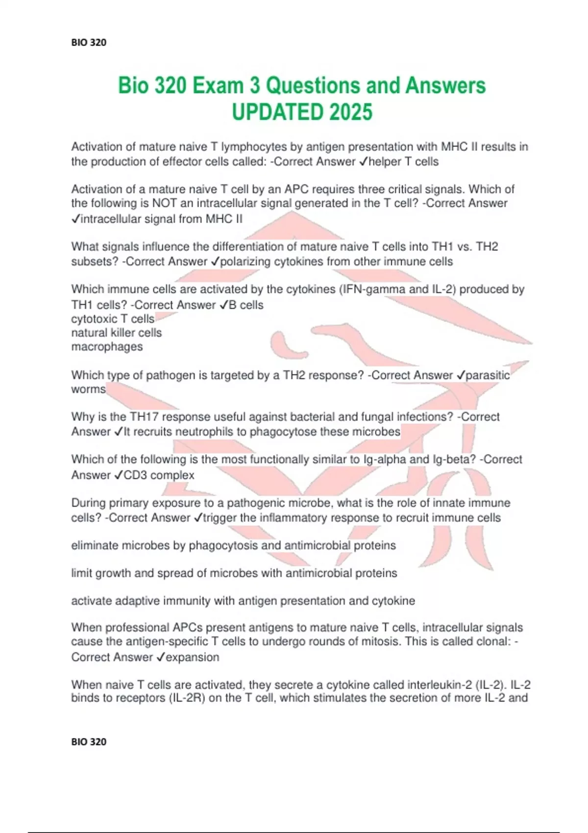 Bio 320 Exam 3 Questions and Answers UPDATED 2025 - Bio 320 - Stuvia US