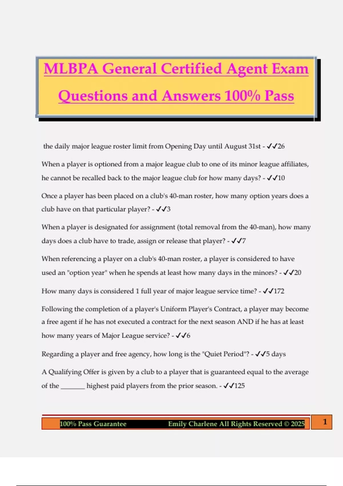MLBPA General Certified Agent Exam Questions and Answers 100% Pass ...