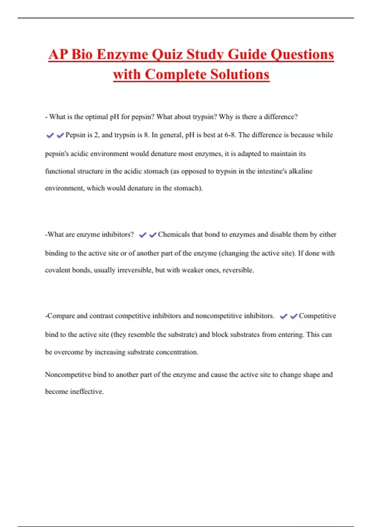 AP Bio Enzyme Quiz Study Guide Questions with Complete Solutions - AP ...