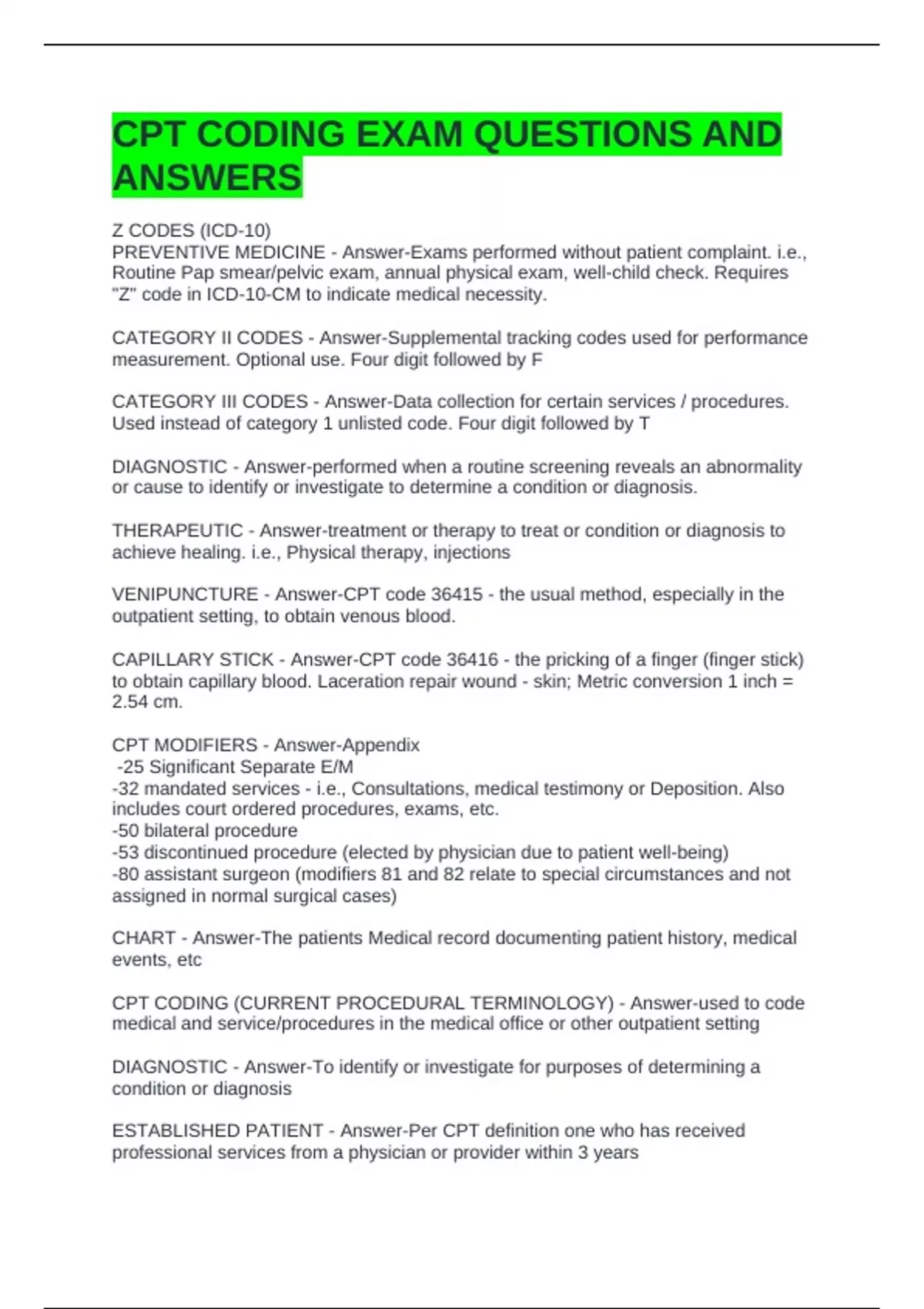 CPT CODING EXAM QUESTIONS AND ANSWERS - MEDICAL CODING - Stuvia US