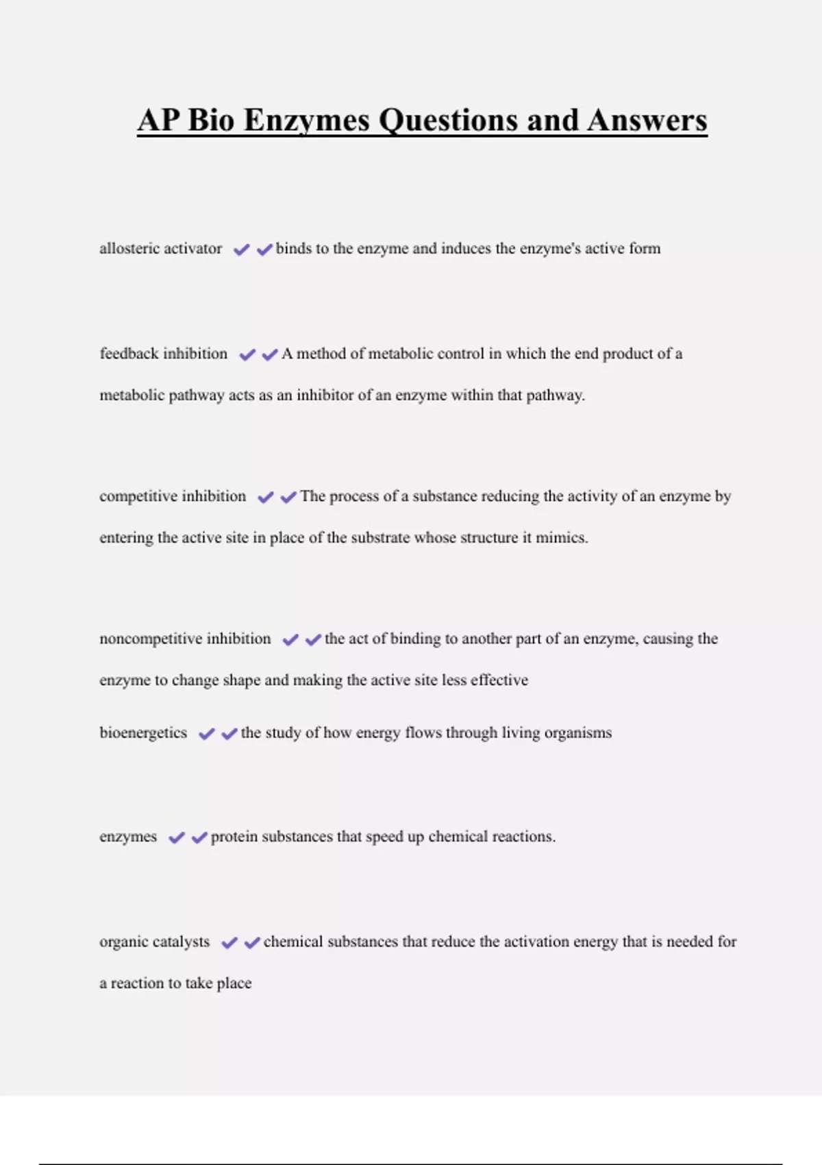 AP Bio Enzymes Questions and Answers - AP Biology- - Stuvia US