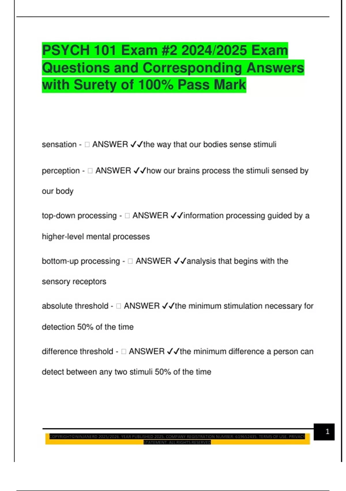 PSYCH 101 Exam #2 2024/2025 Exam Questions and Corresponding Answers ...