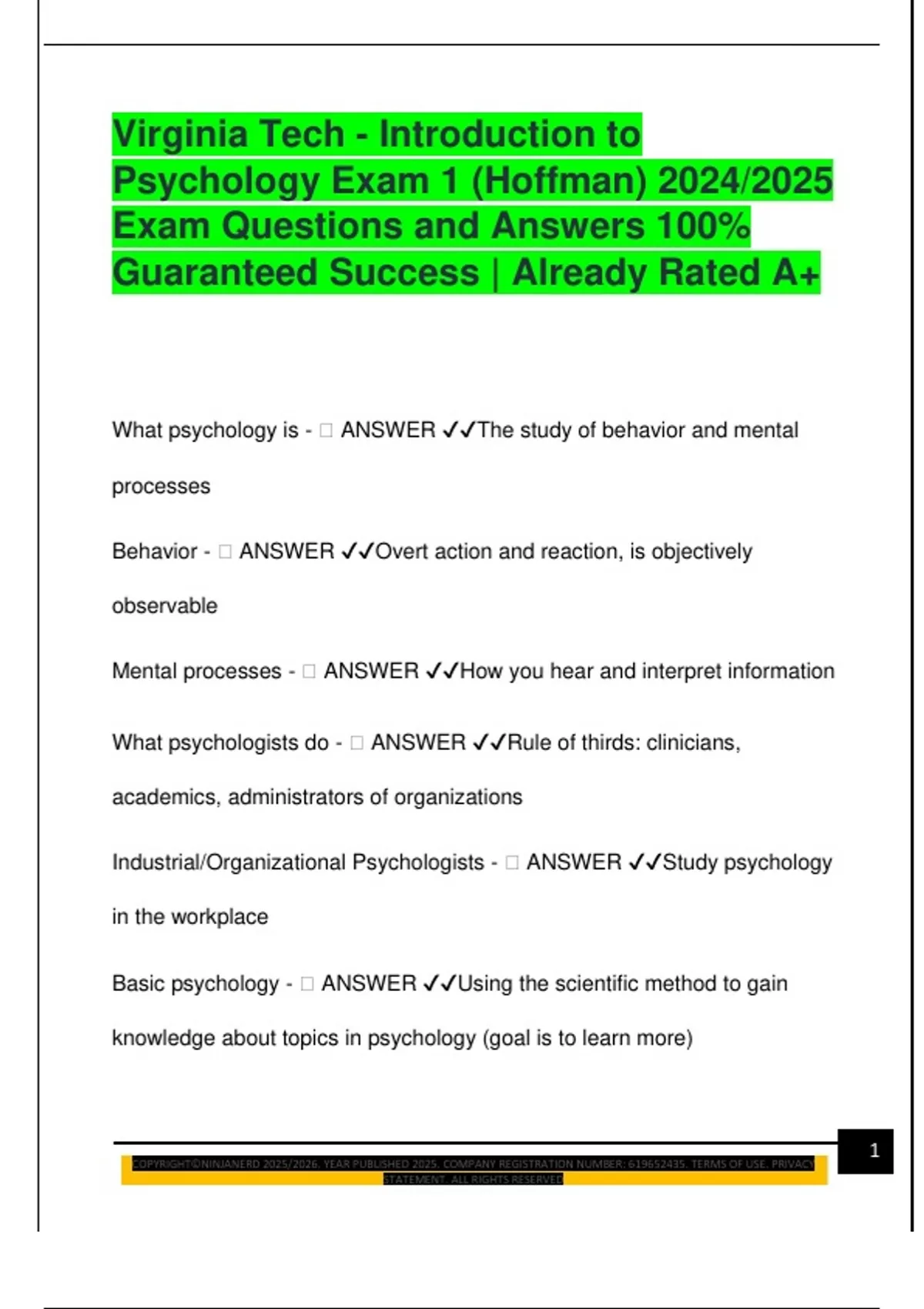 Virginia Tech - Introduction to Psychology Exam 1 (Hoffman) 2024/2025 Exam Questions and Answers ...