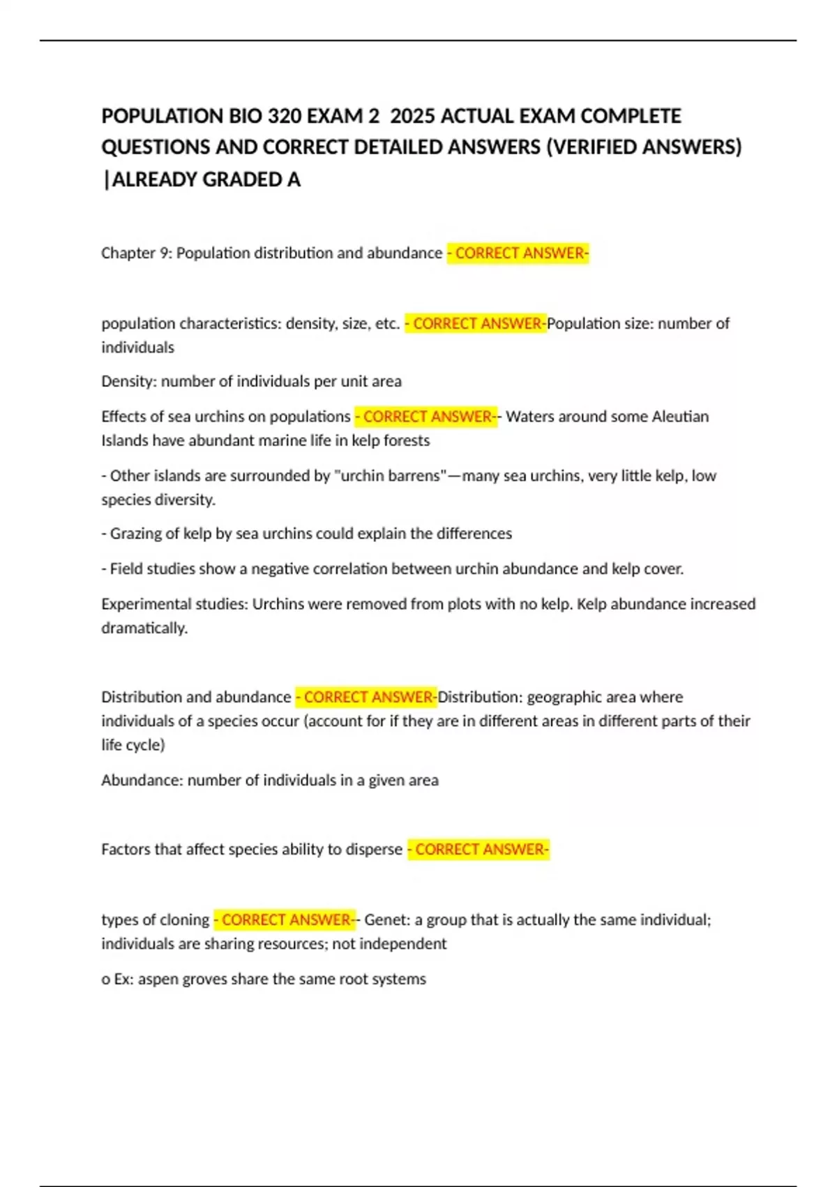 POPULATION BIO 320 EXAM 2 2025 ACTUAL EXAM COMPLETE QUESTIONS AND ...