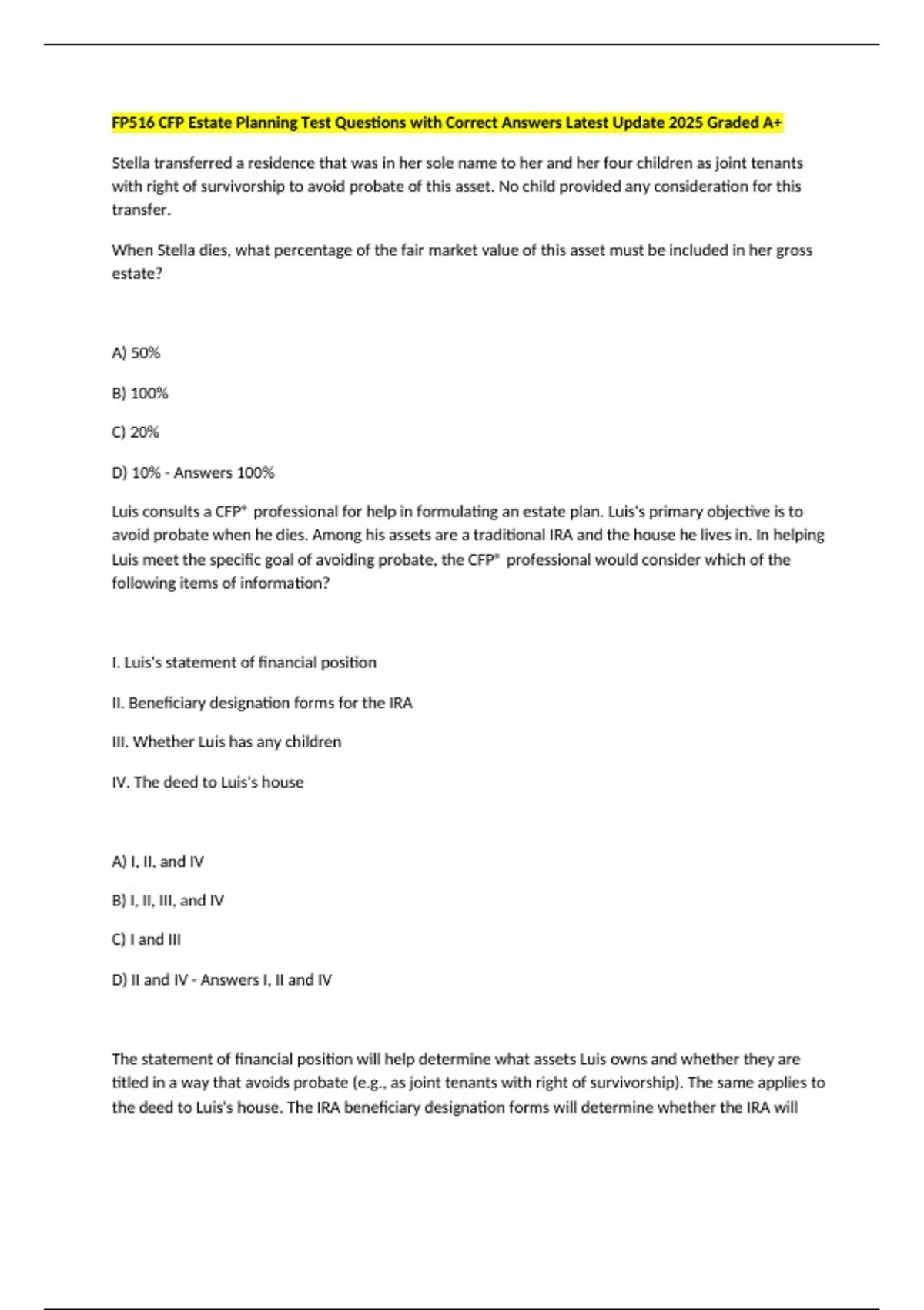 FP516 CFP Estate Planning Test Questions with Correct Answers Latest ...