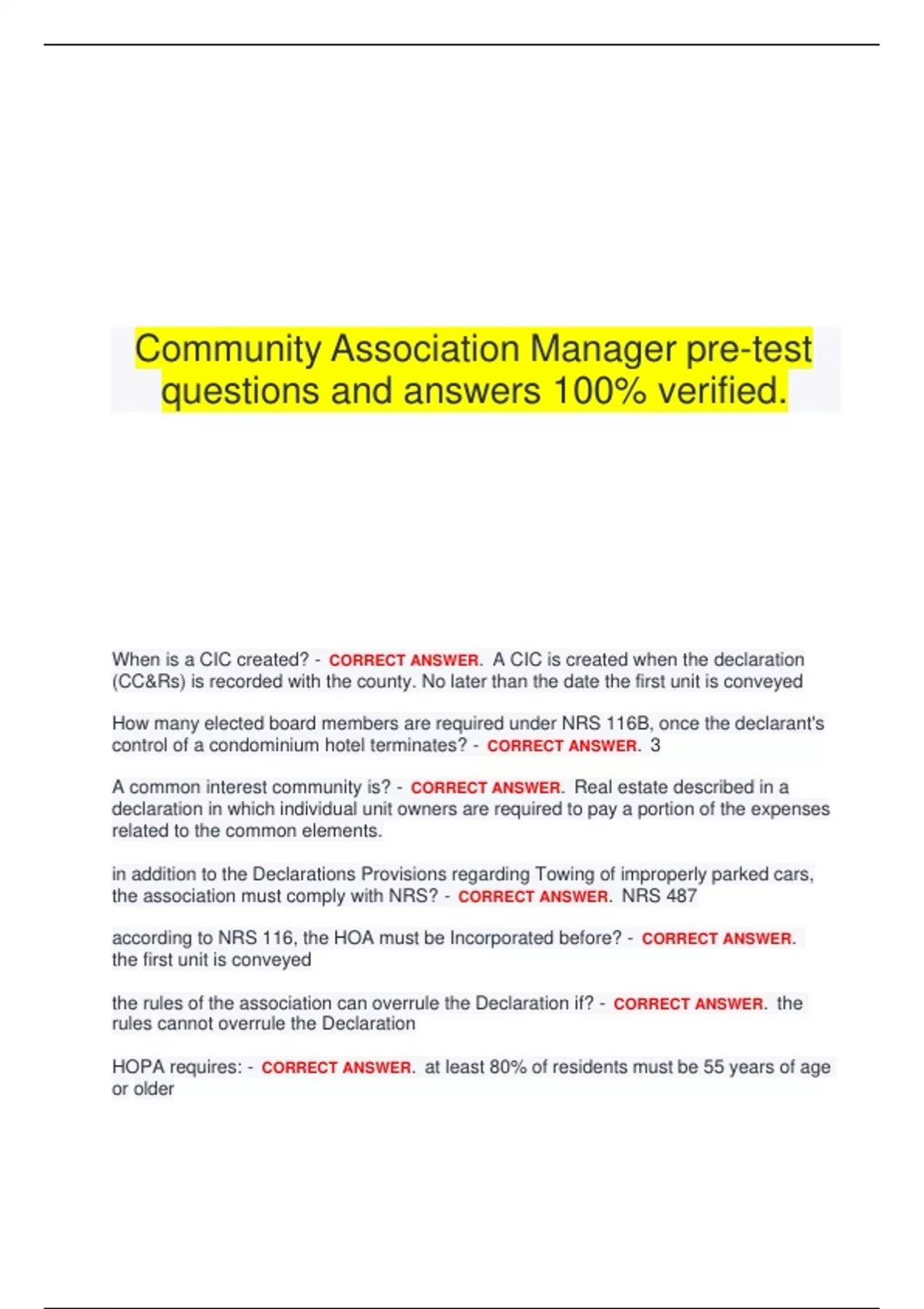 Community Association Manager pre-test questions and answers 100% ...