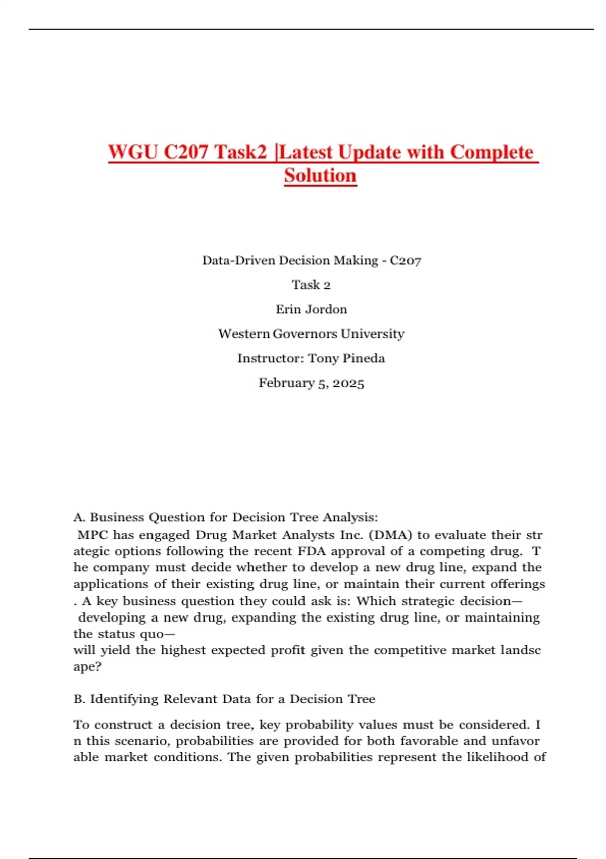 WGU C207 Task2 |Latest Update with Complete Solution - C207 - Stuvia US