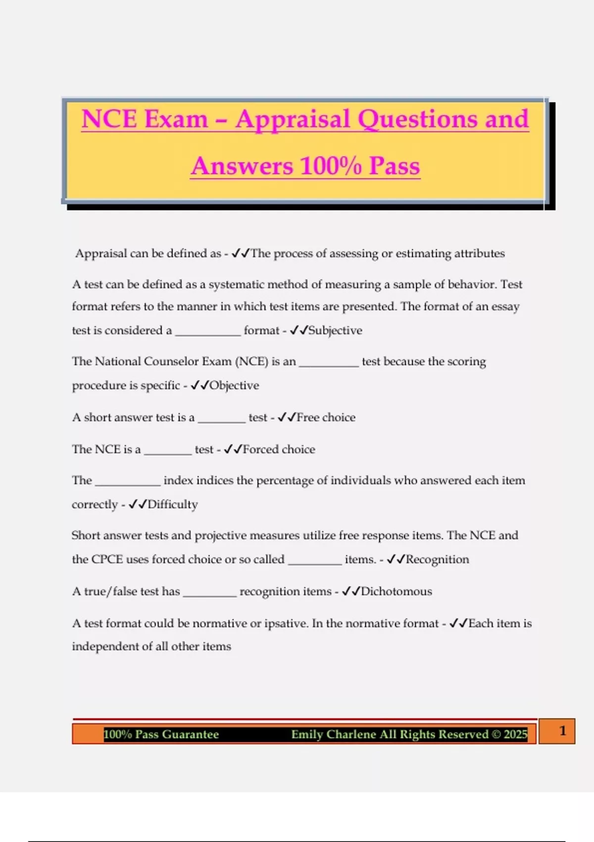 NCE Exam – Appraisal Questions and Answers 100% Pass - NCE - Stuvia US