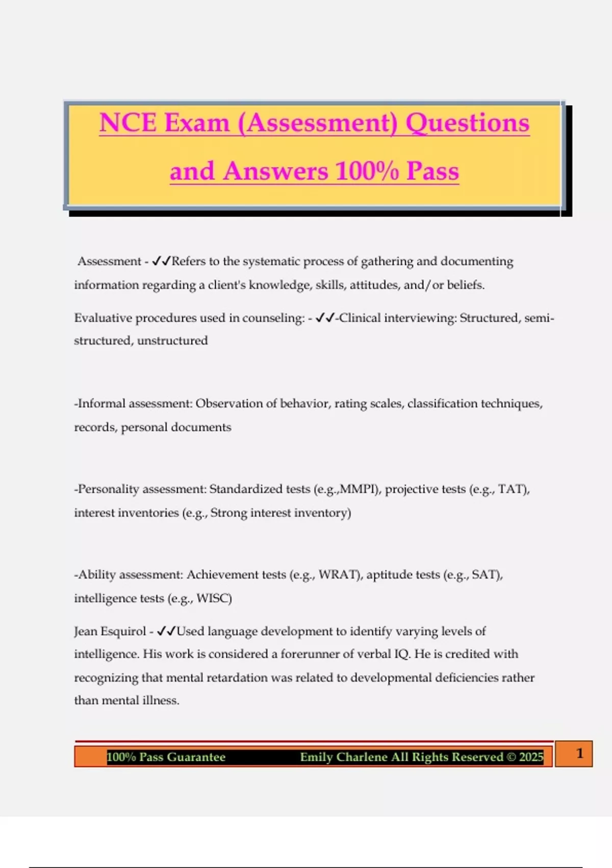 NCE Exam (Assessment) Questions and Answers 100% Pass - NCE - Stuvia US