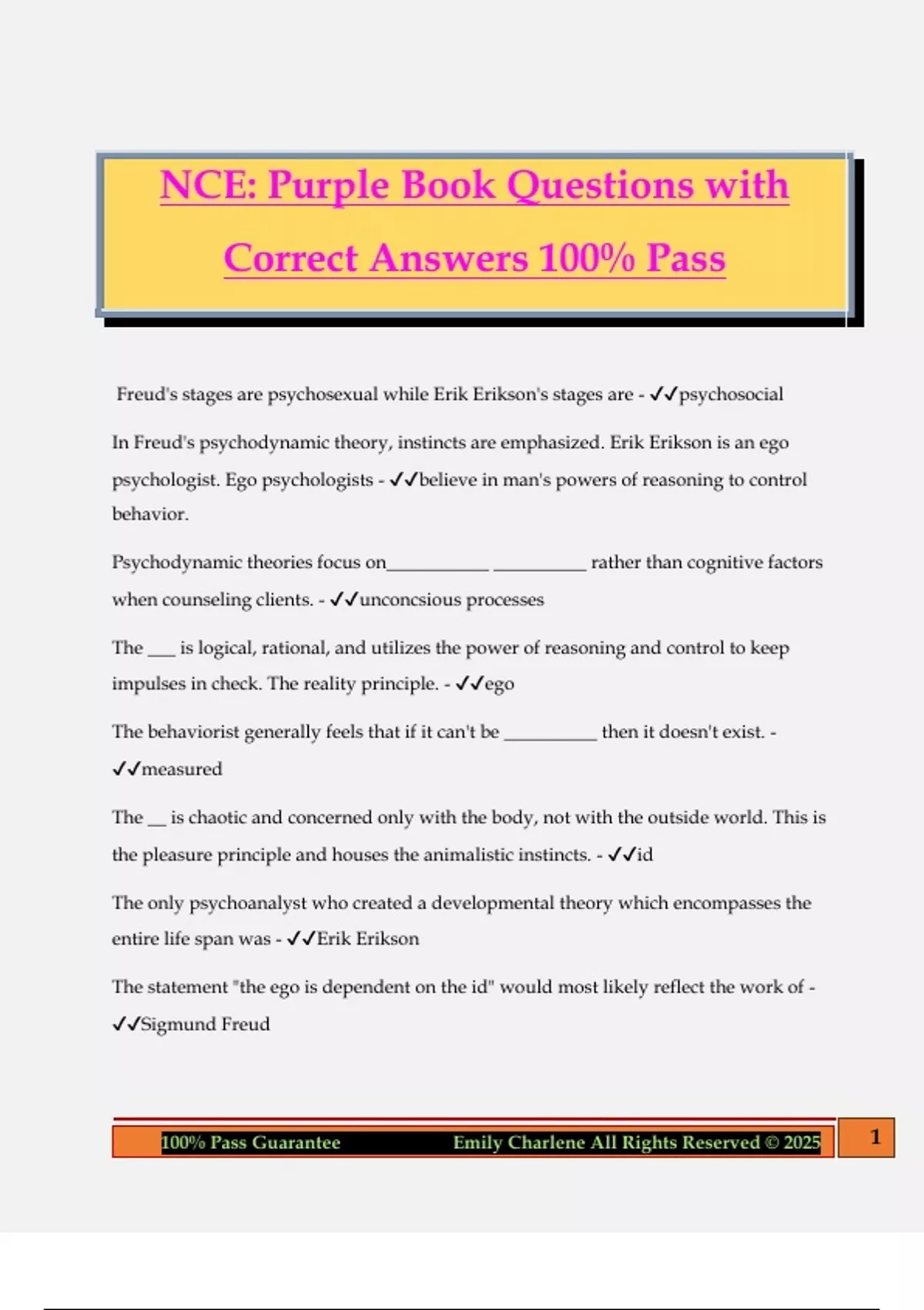 NCE: Purple Book Questions with Correct Answers 100% Pass - NCE - Stuvia US